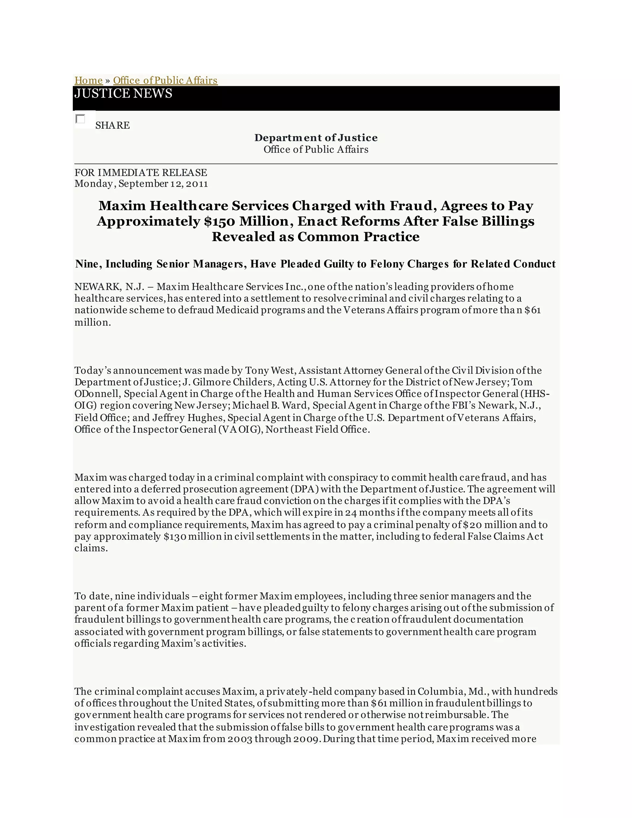 INHERITED SIT_BEFORE PIC-DOJ PRESS RELEASE MAXIM SETTLEMENT SEPT 2011 | PDF