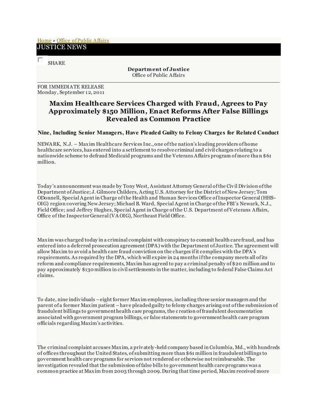 INHERITED SIT_BEFORE PIC-DOJ PRESS RELEASE MAXIM SETTLEMENT SEPT 2011 | PDF