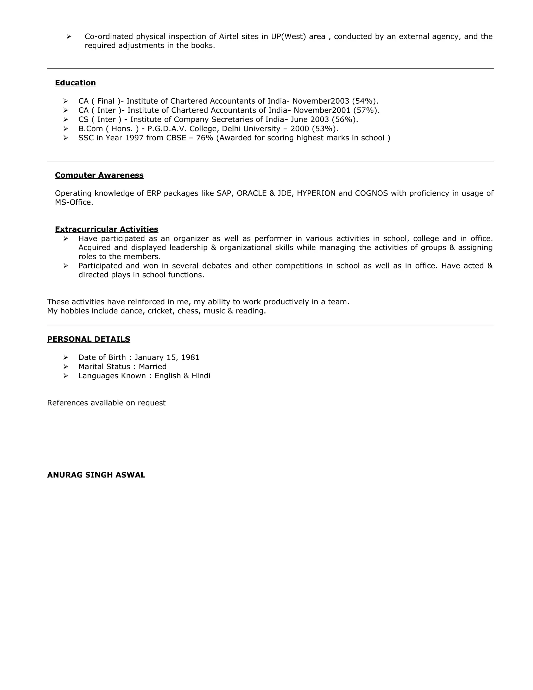 Anurag Aswal_CV | DOC | Business Accounting & Finance | Business