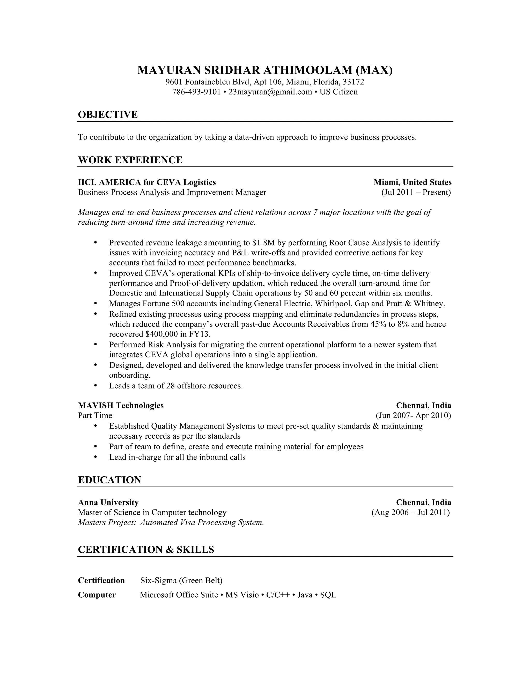 Mayuran Sridhar Athimoolam (MAX) Resume | PDF