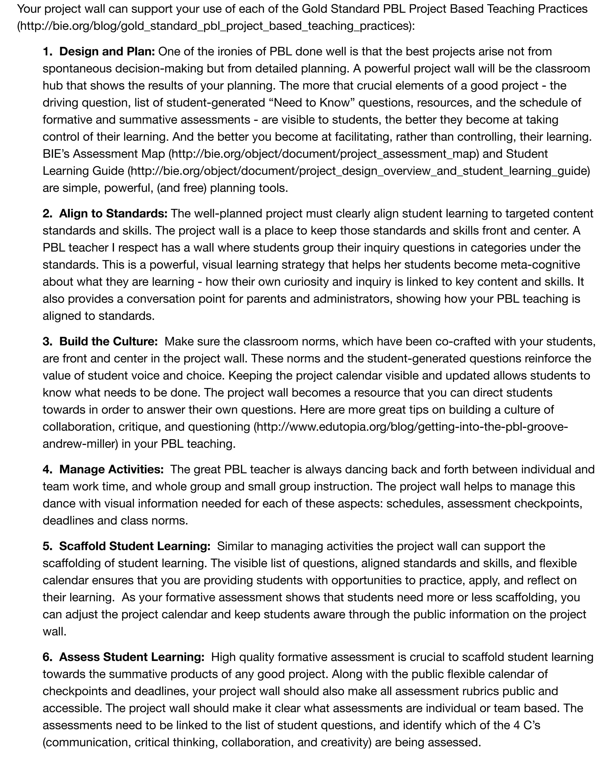 Using a Project Wall to Support Gold Standard Project Based Teaching ...