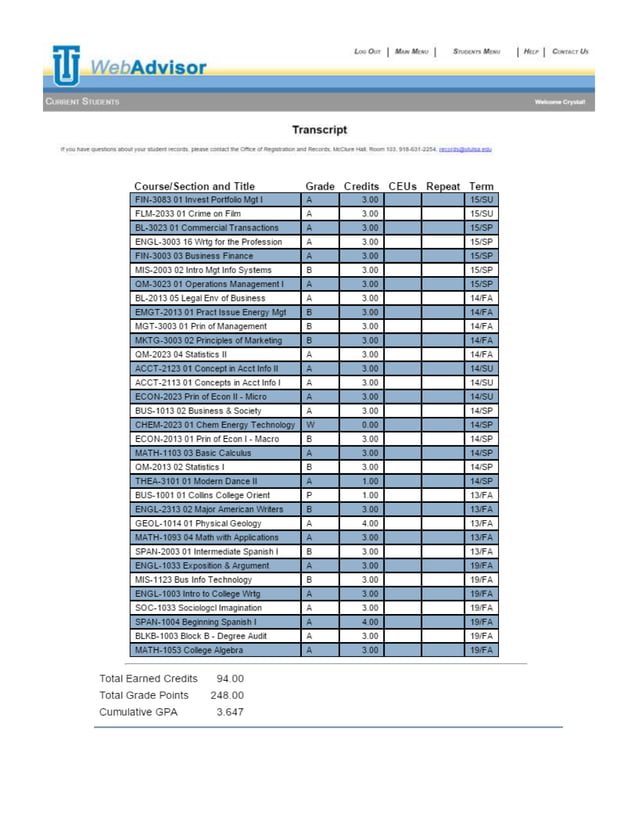 Crystal Parrett Transcript (Updated Fall 2015) | DOCX