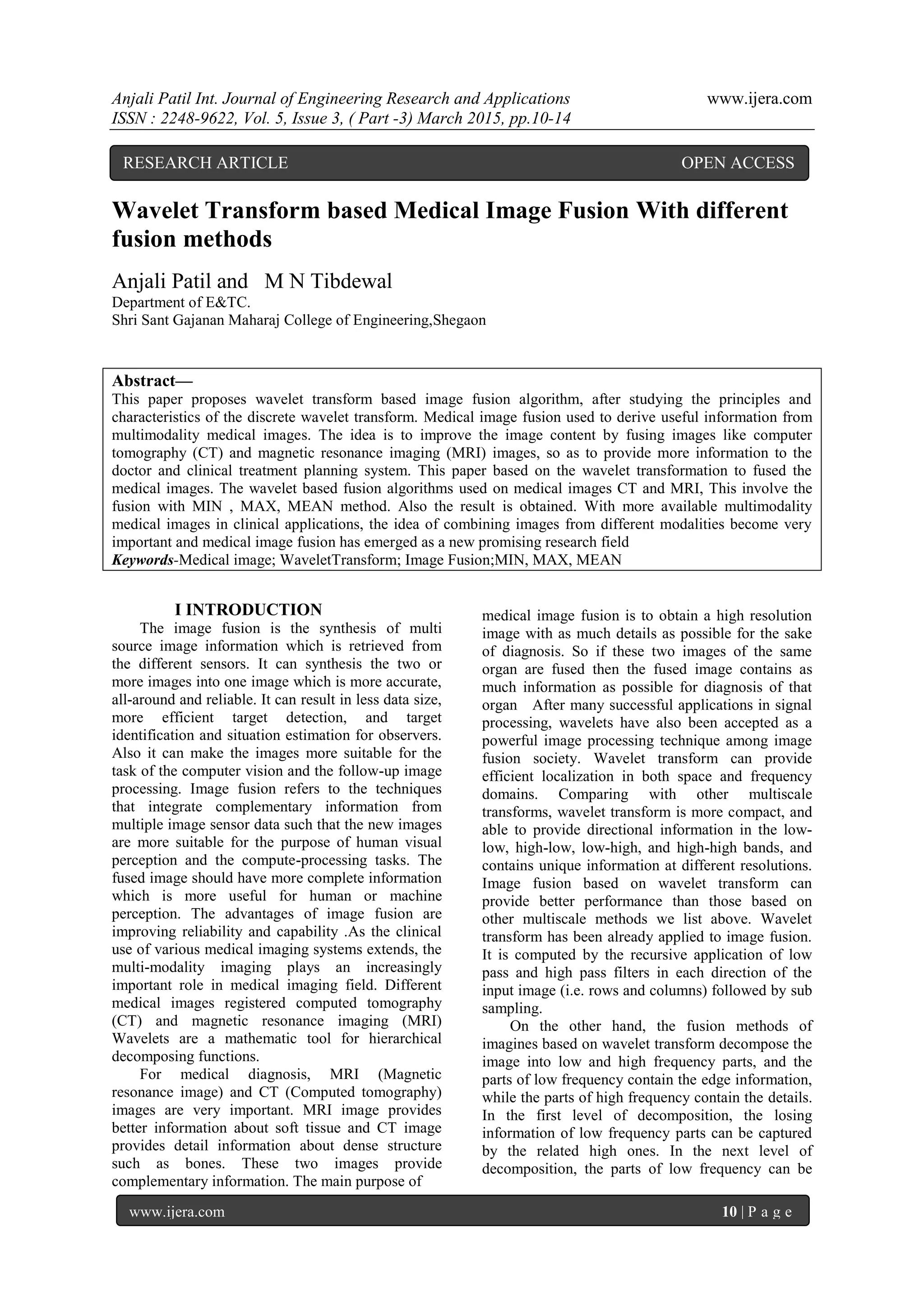 Wavelet Transform based Medical Image Fusion With different fusion methods | PDF | Graphics ...