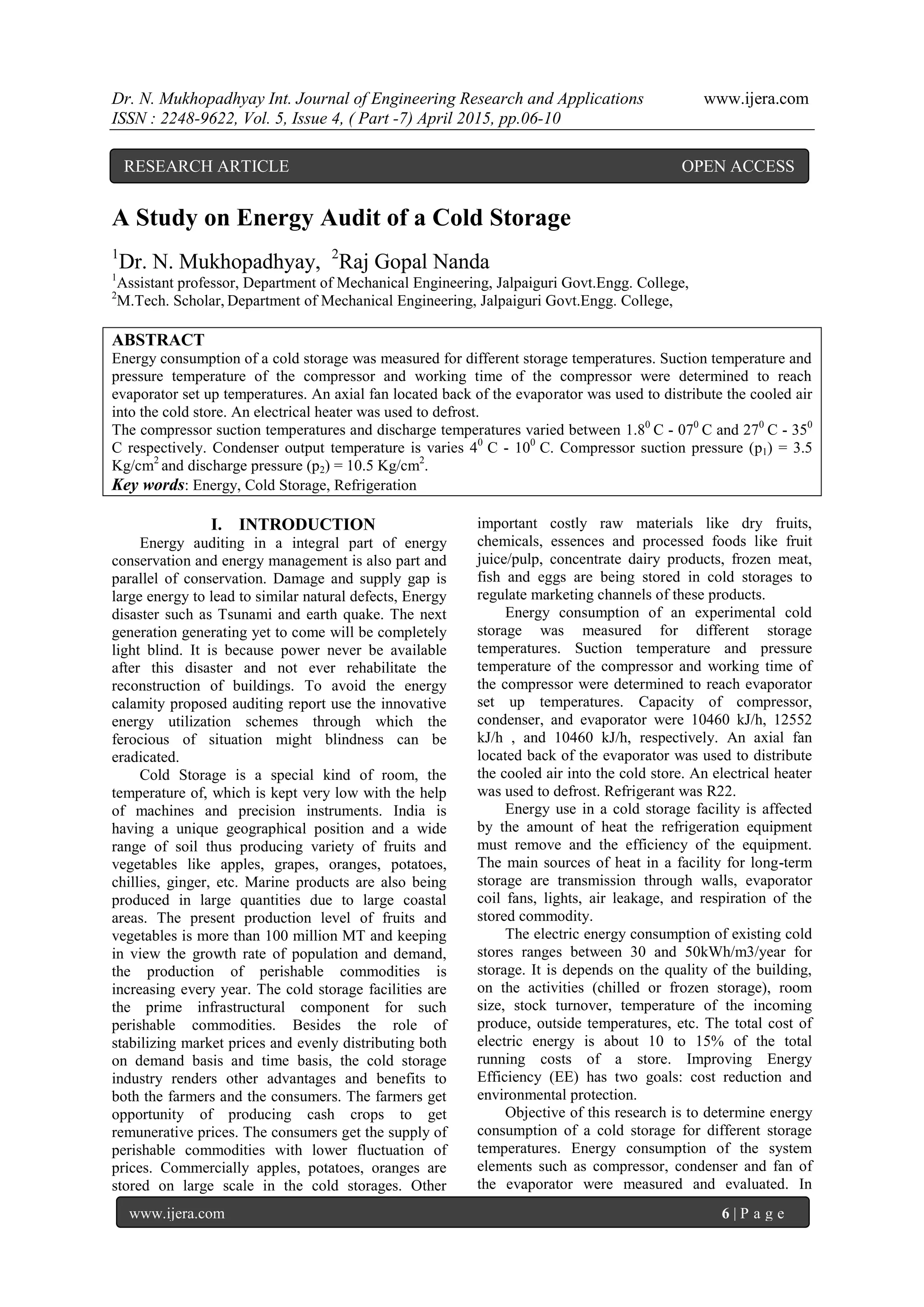 A Study on Energy Audit of a Cold Storage | PDF