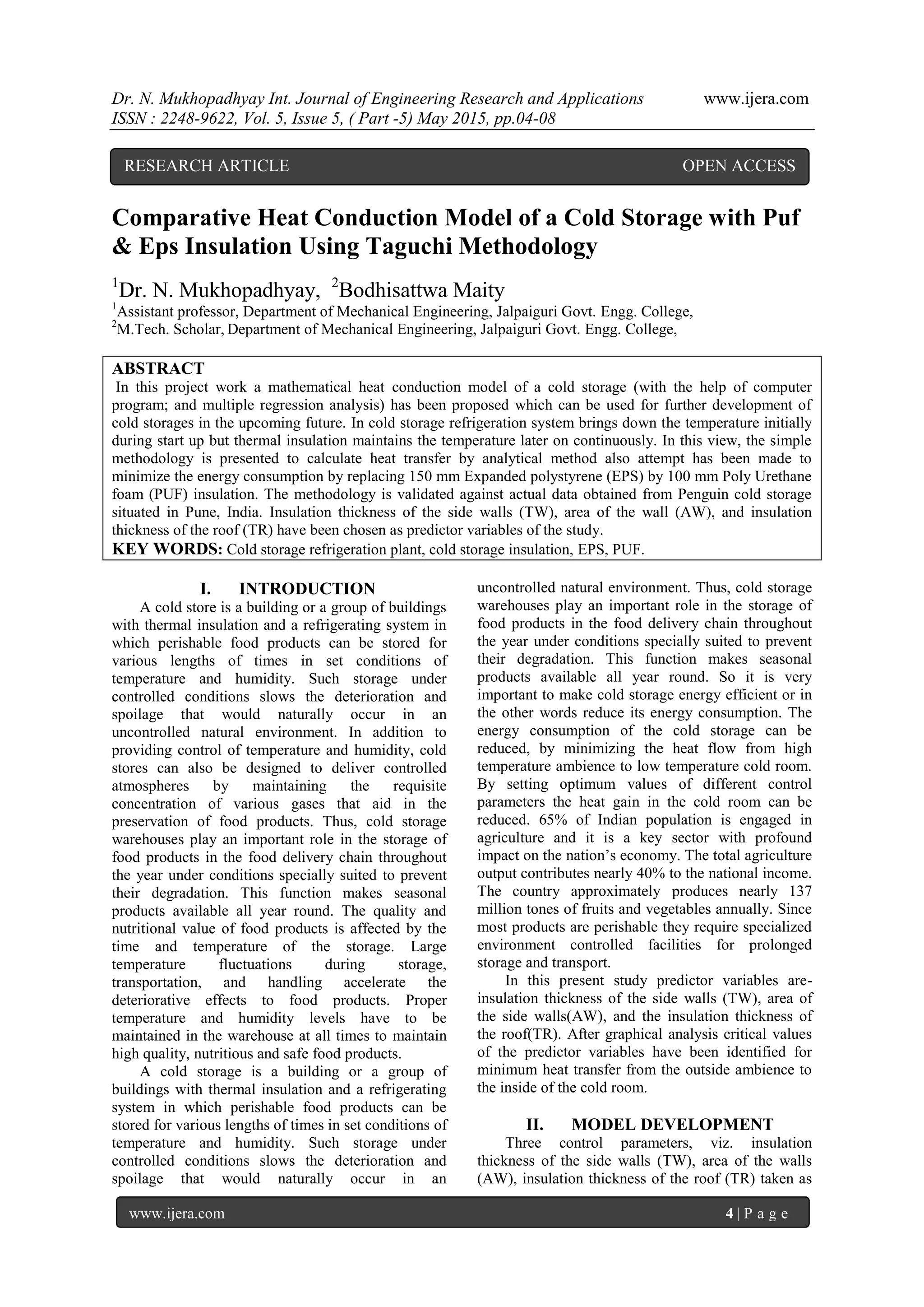 Comparative Heat Conduction Model of a Cold Storage with Puf & Eps ...