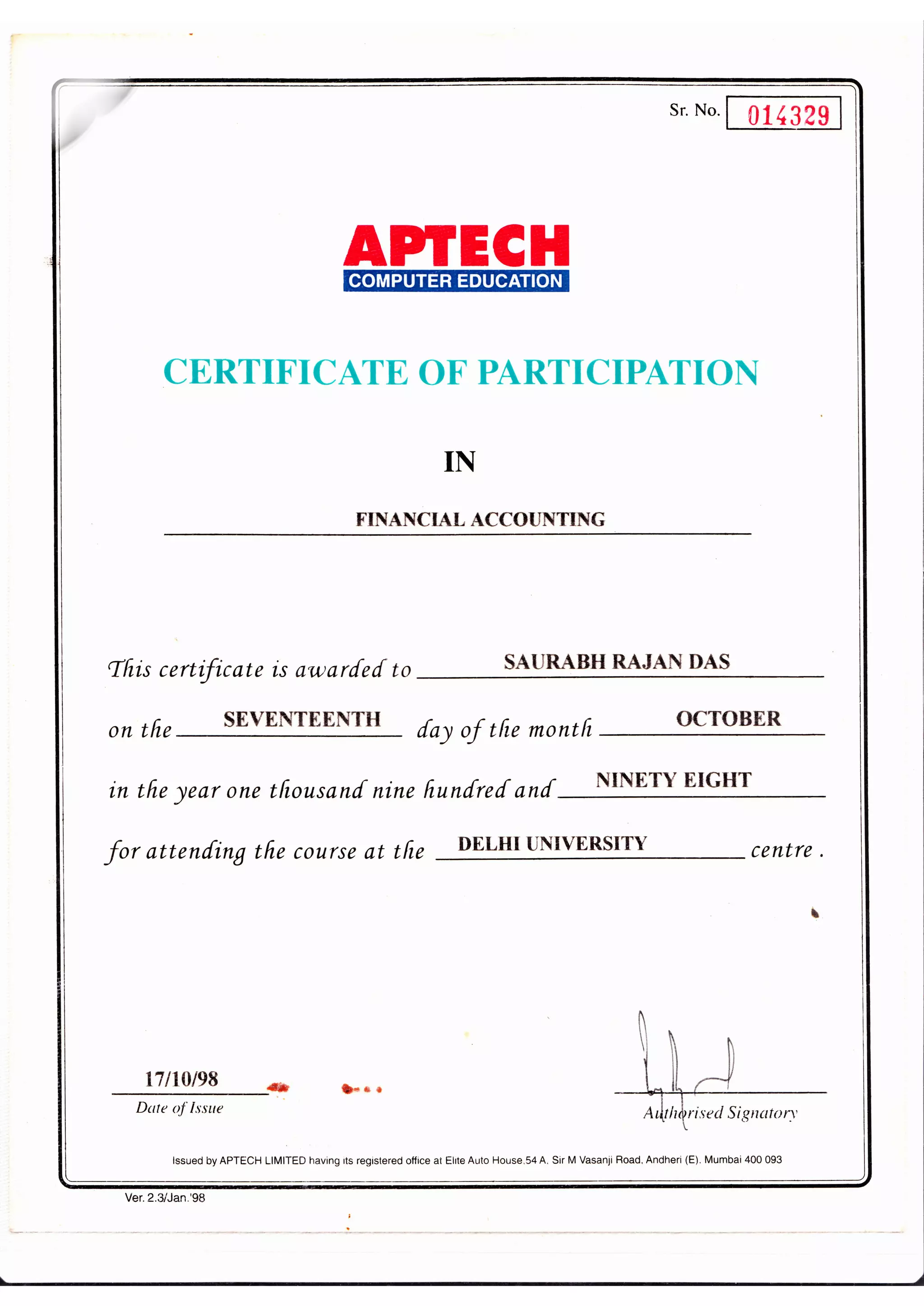 THE TALLY CERTIFICATE-APTECH,DELHI-SAURABH DAS. | PDF