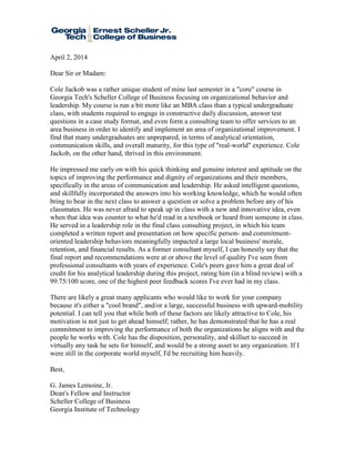 Cole Jackob Letter of Recommendation (Georgia Tech) | PDF