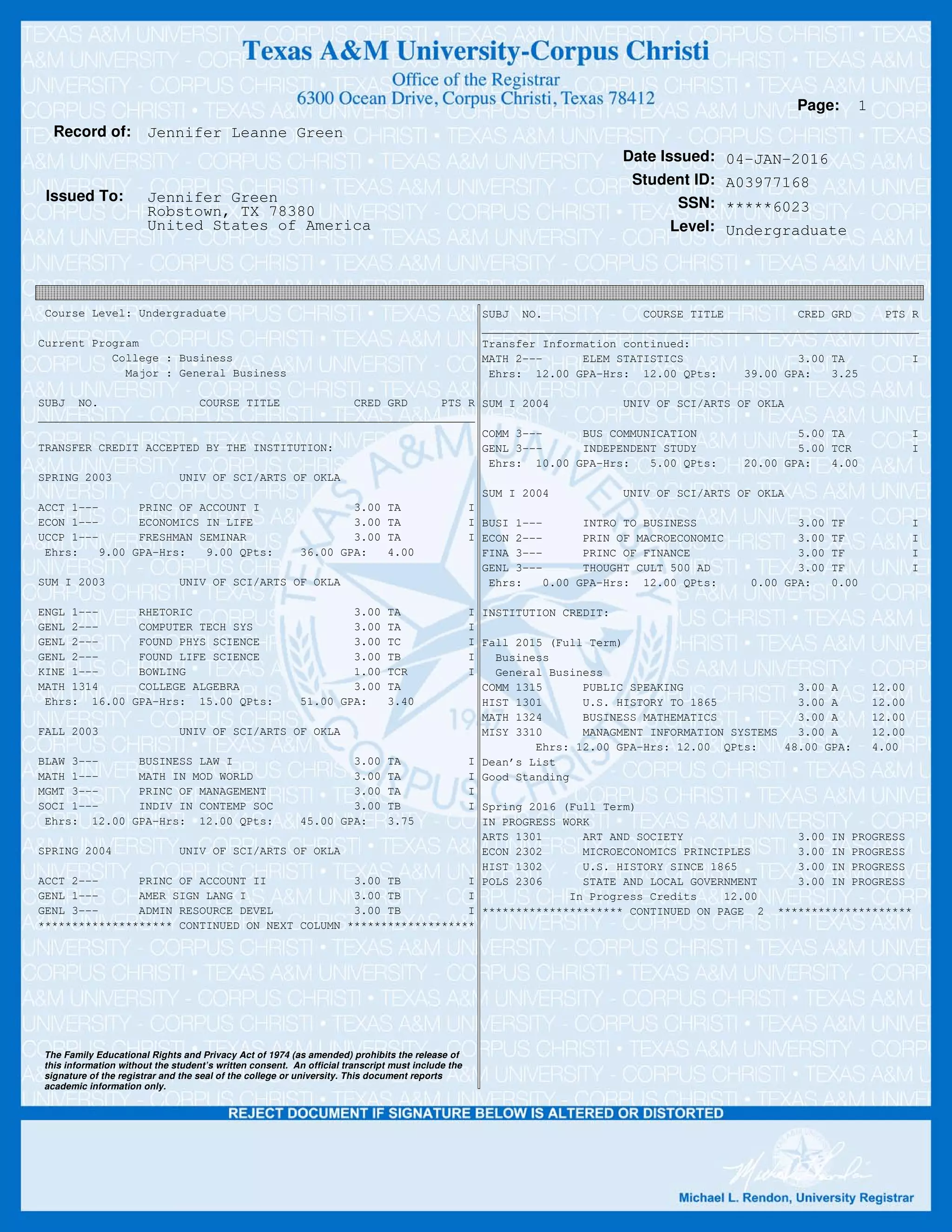 8523157_eTranscript | PDF | Undergraduate Education | College Education