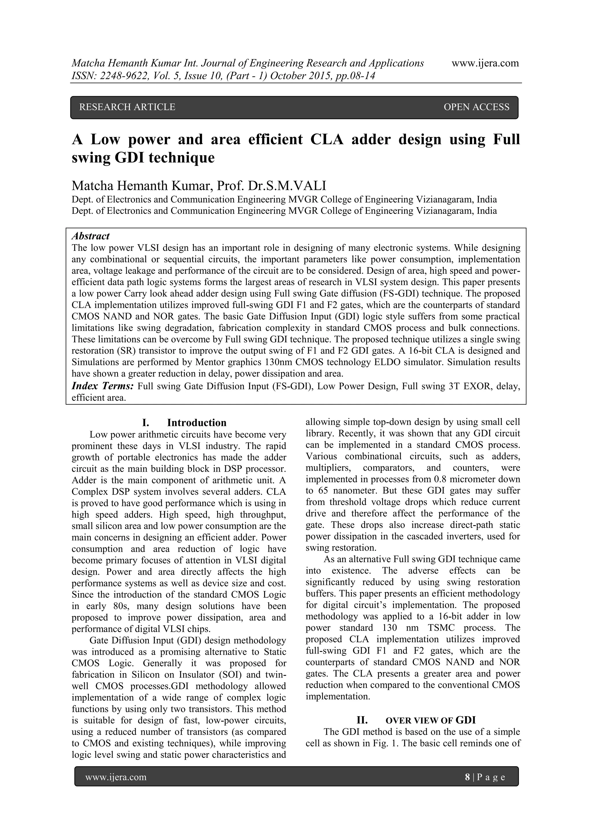 A Low power and area efficient CLA adder design using Full swing GDI technique | PDF | Computer ...