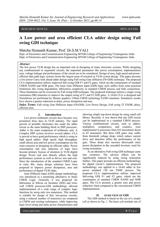 A Low Power And Area Efficient Cla Adder Design Using Full Swing Gdi Technique Pdf Computer