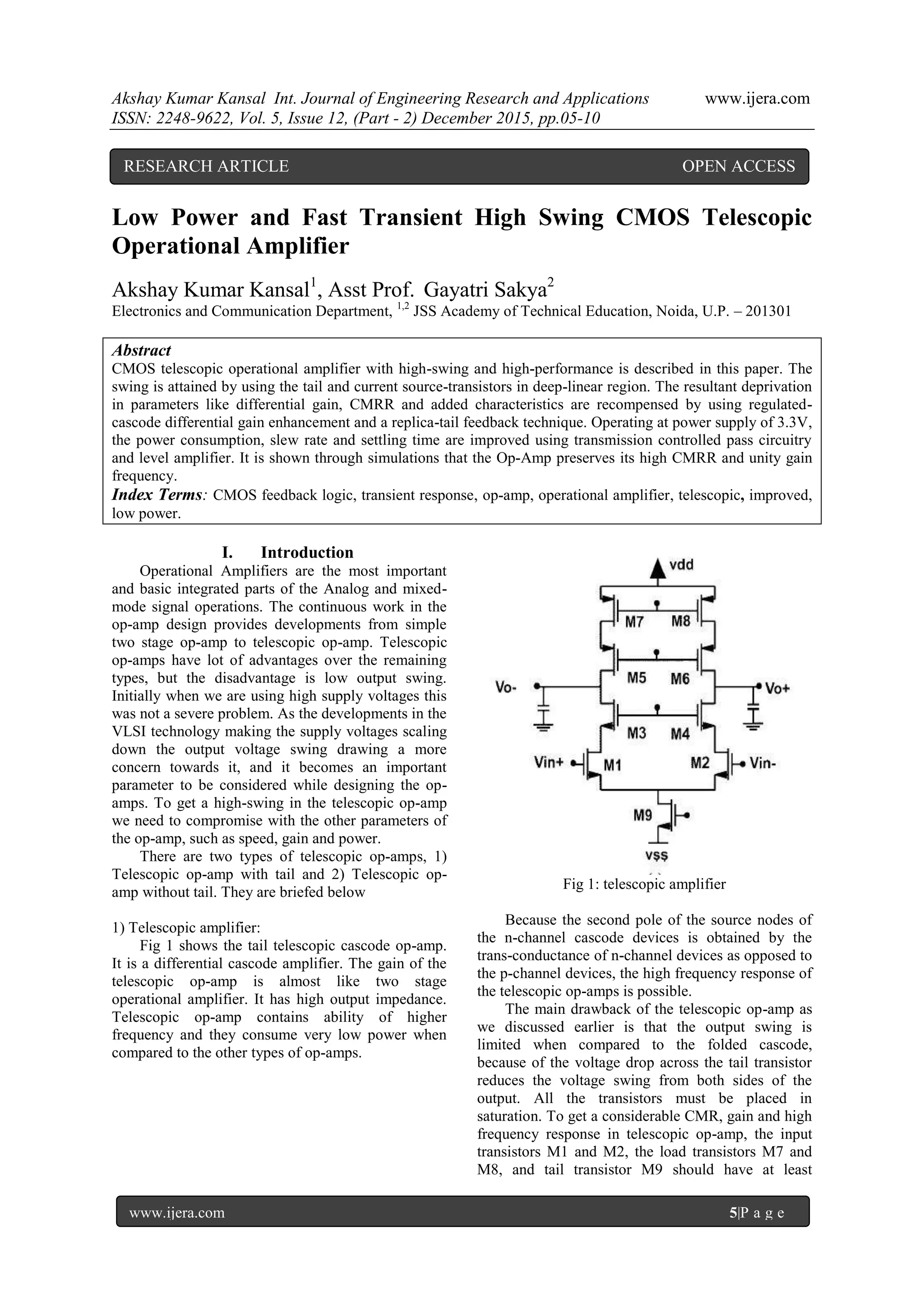 Low Power and Fast Transient High Swing CMOS Telescopic Operational Amplifier | PDF