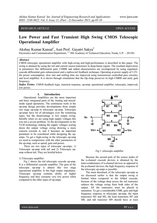 Low Power And Fast Transient High Swing Cmos Telescopic Operational Amplifier Pdf