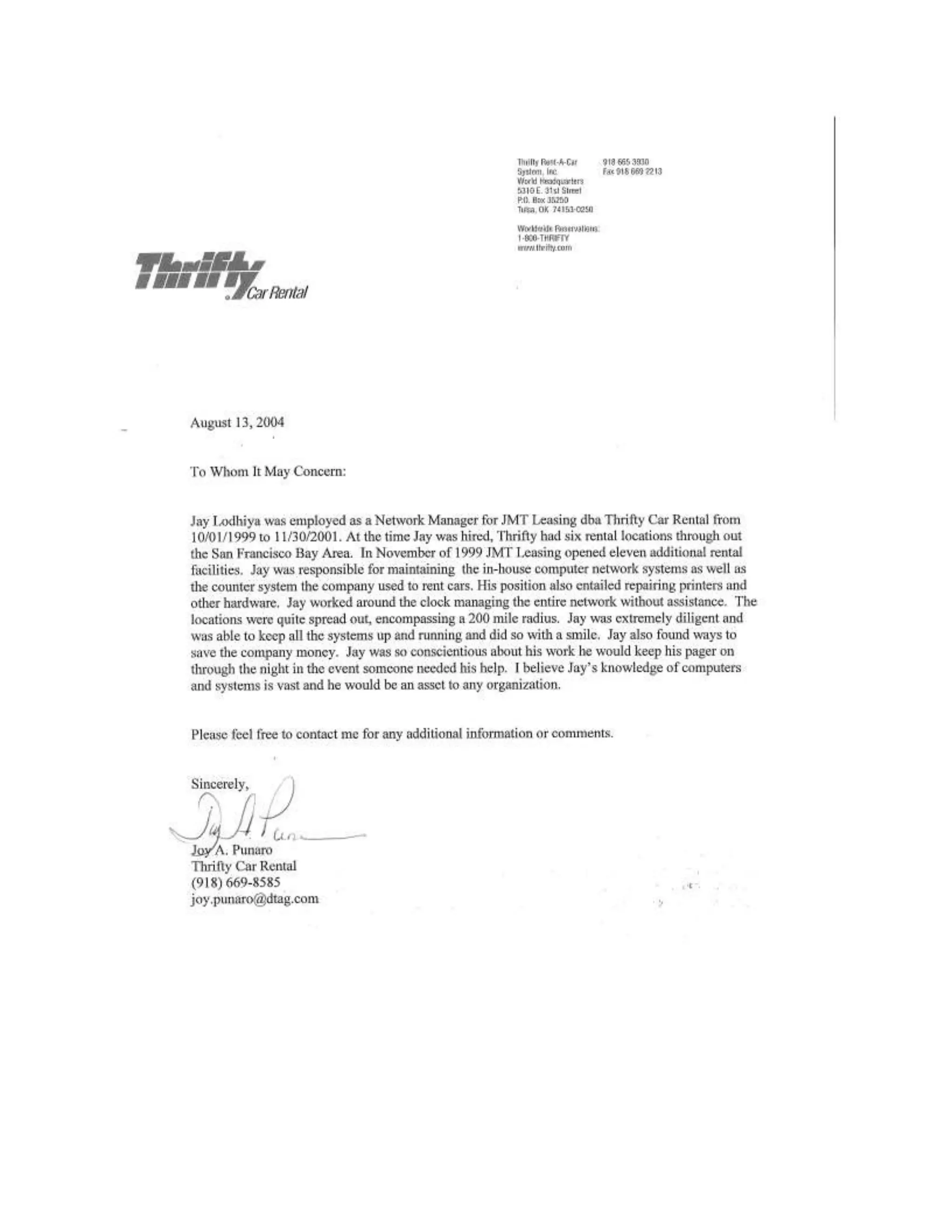 Thrifty Car Rental Reference | DOCX