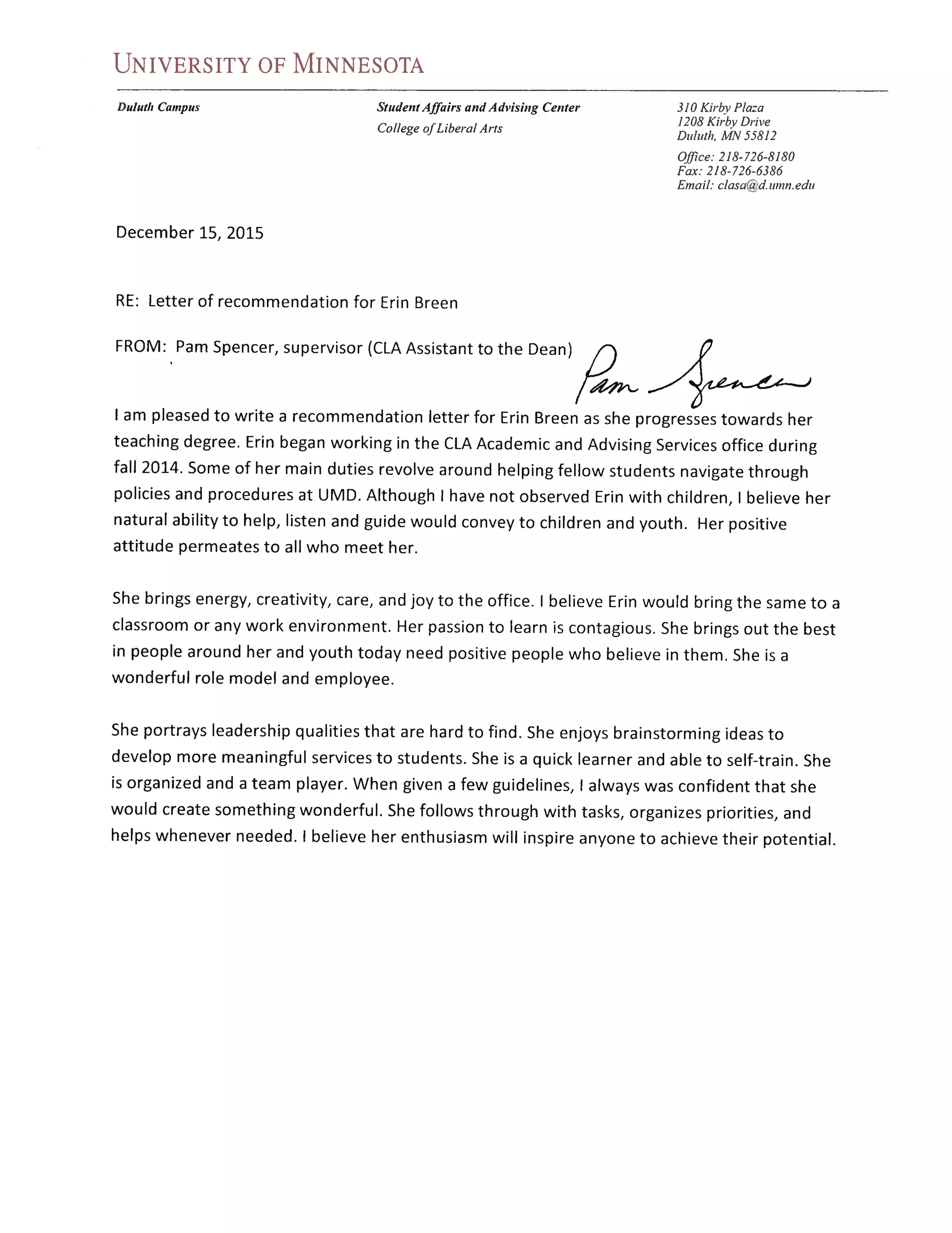 Breen,Erin-RecommendationLetter,PSpencer | PDF