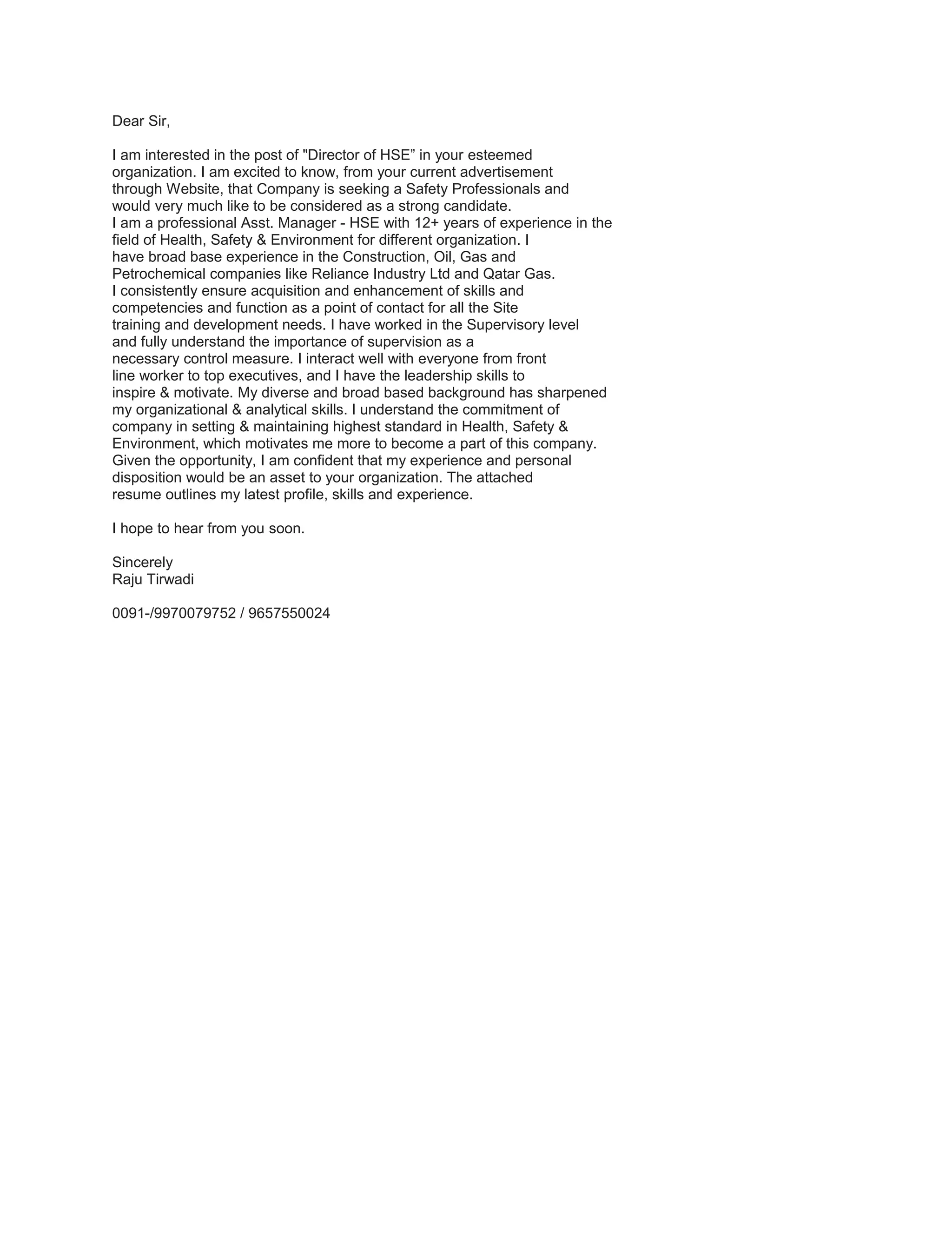 Cover Letter - HSE | DOC