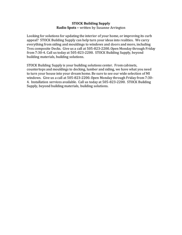 STOCK Building Supply radio samples | DOCX