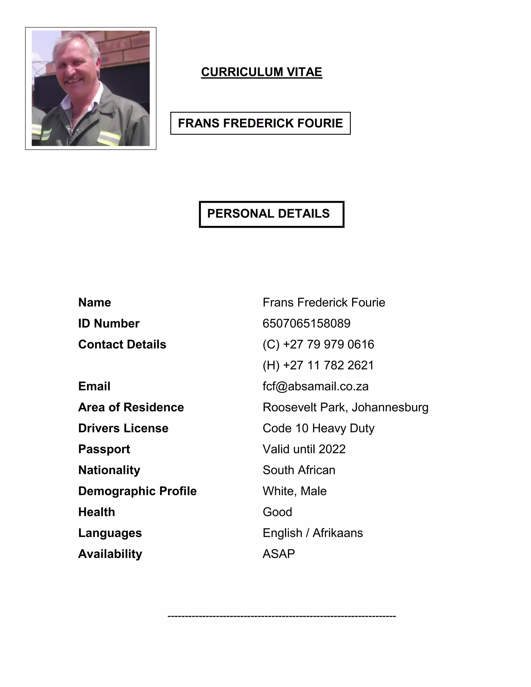 Frans Fourie CV Current N 2015 | PDF