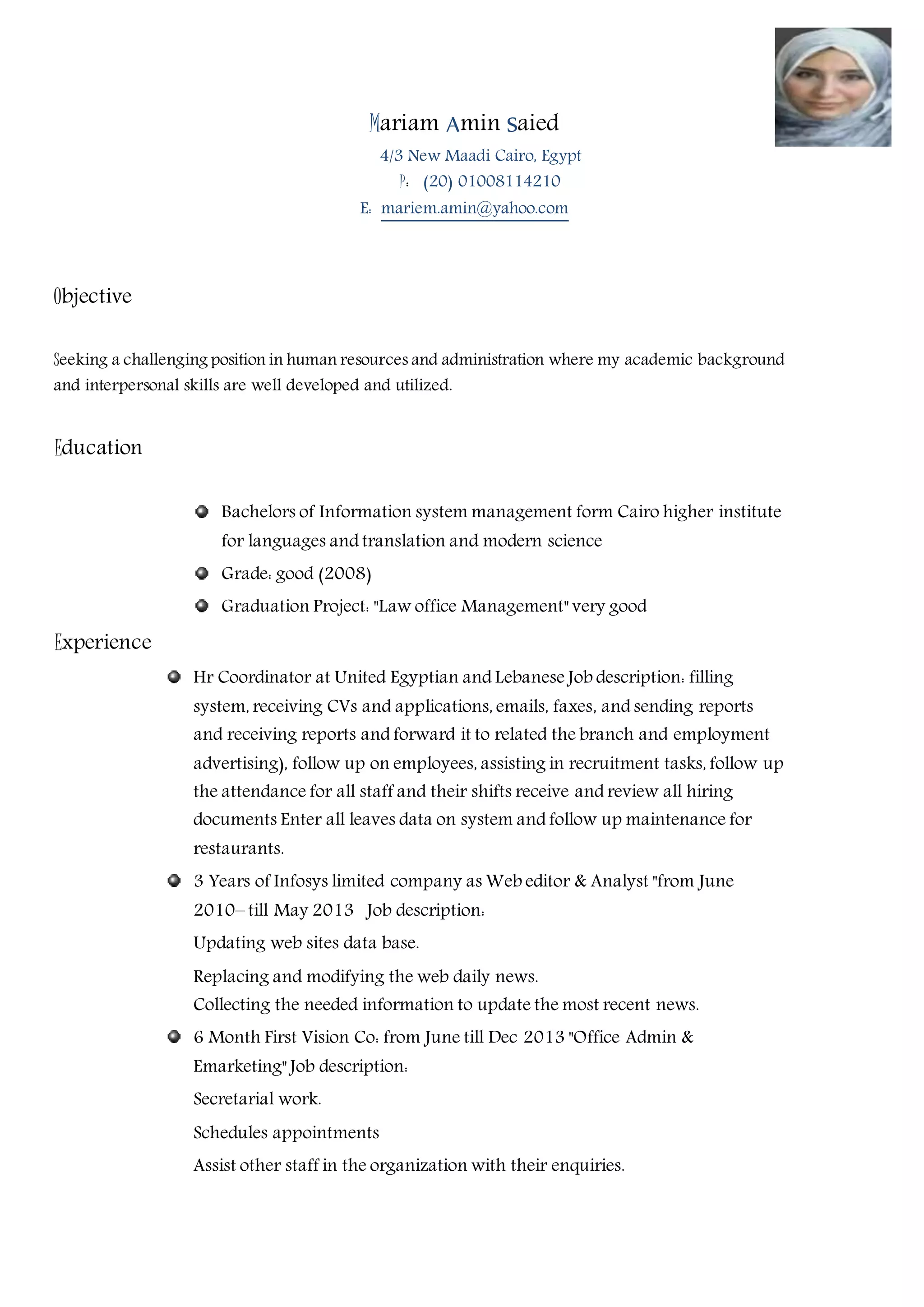 Mariem Amin CVs | DOCX | Human Resources | Business