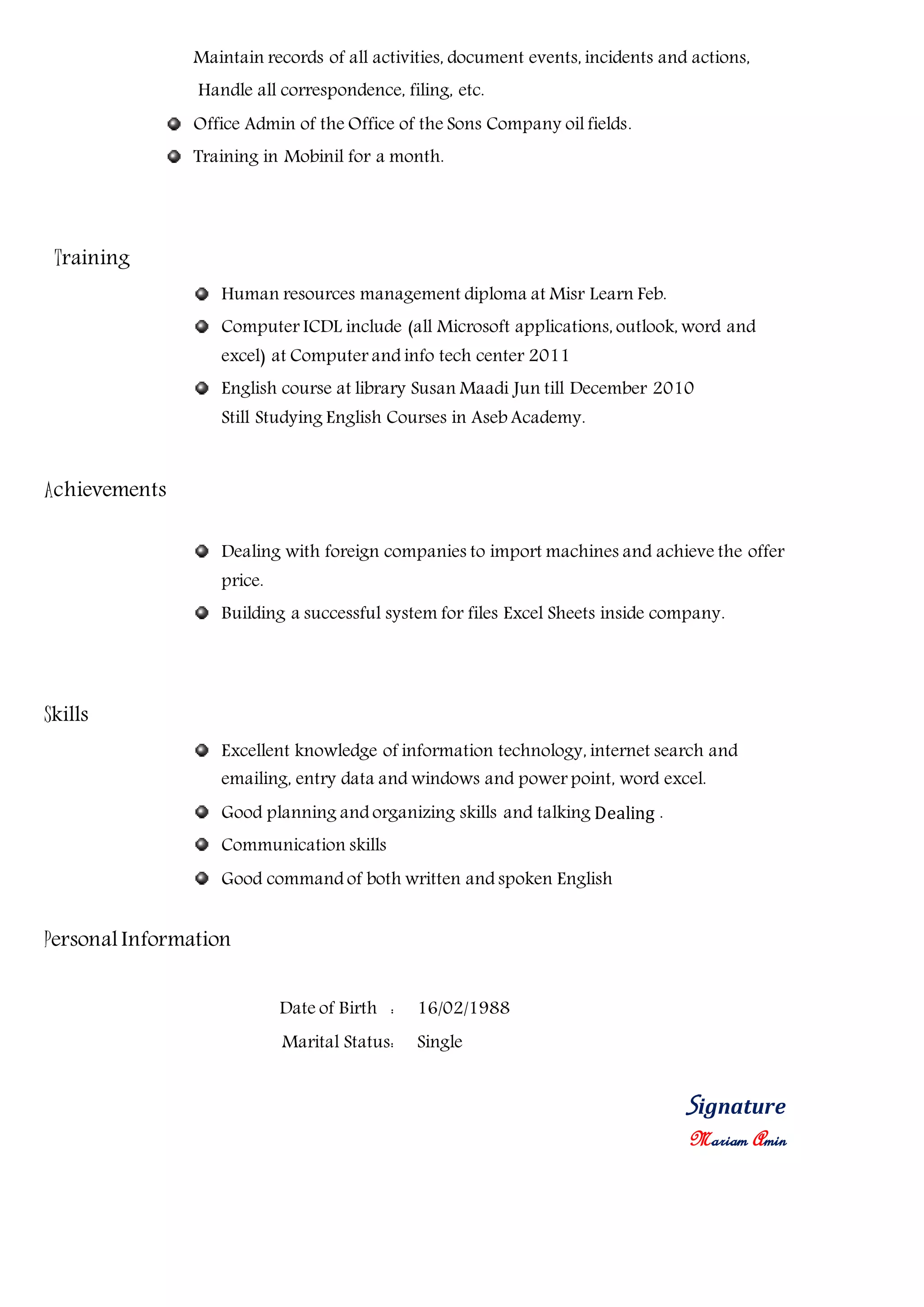 Mariem Amin CVs | DOCX | Human Resources | Business