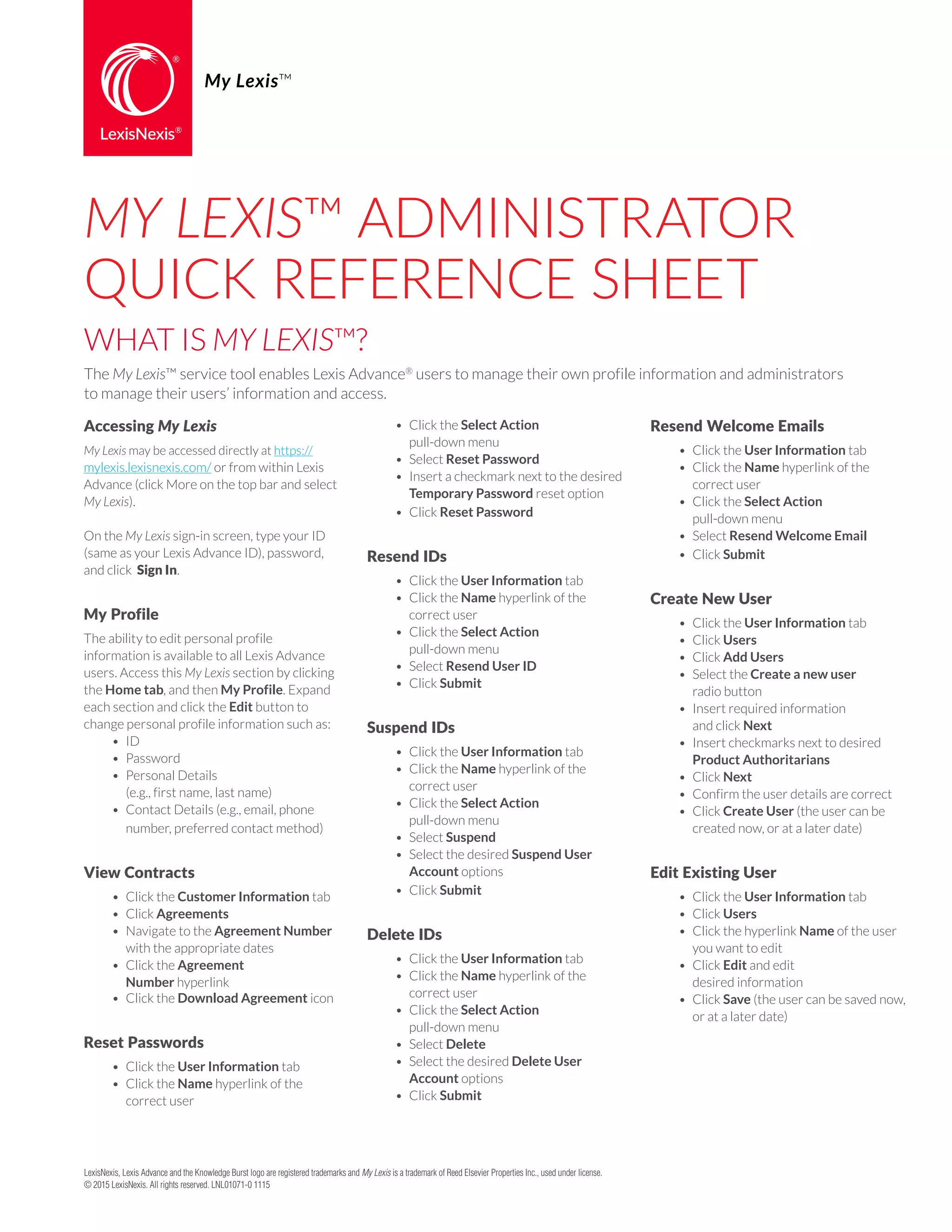 My Lexis - Administrator Quick Reference Sheet | PDF