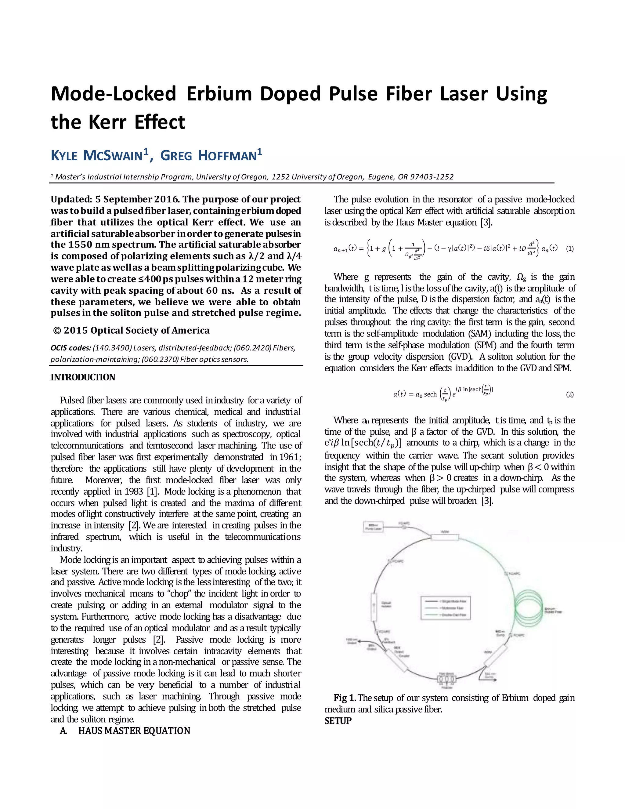 Mode-Locked Erbium Doped Pulse Fiber Laser Using the Kerr Effect | DOCX