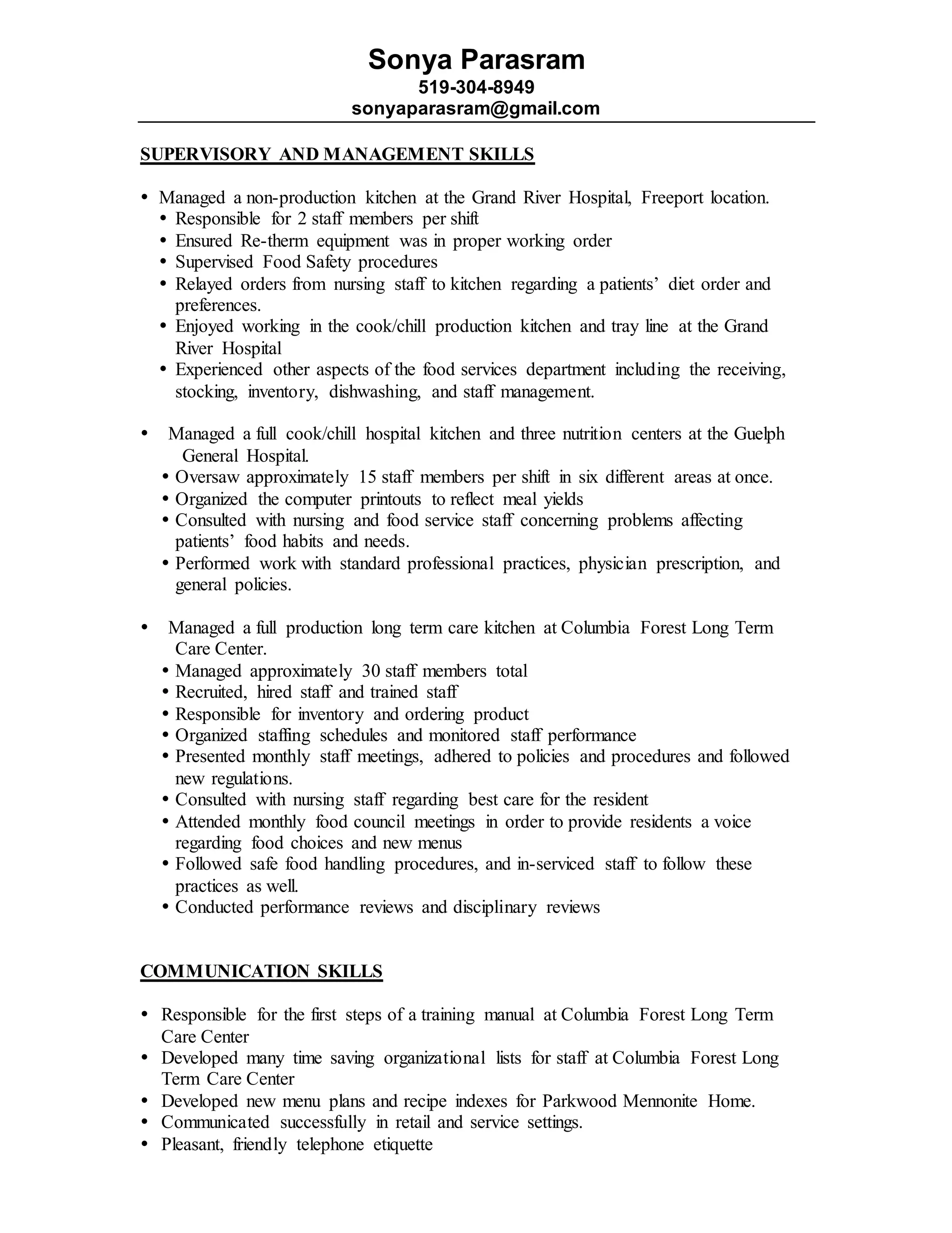 Sonya Parasram Resume.doc | Dining Out | Food & Drink