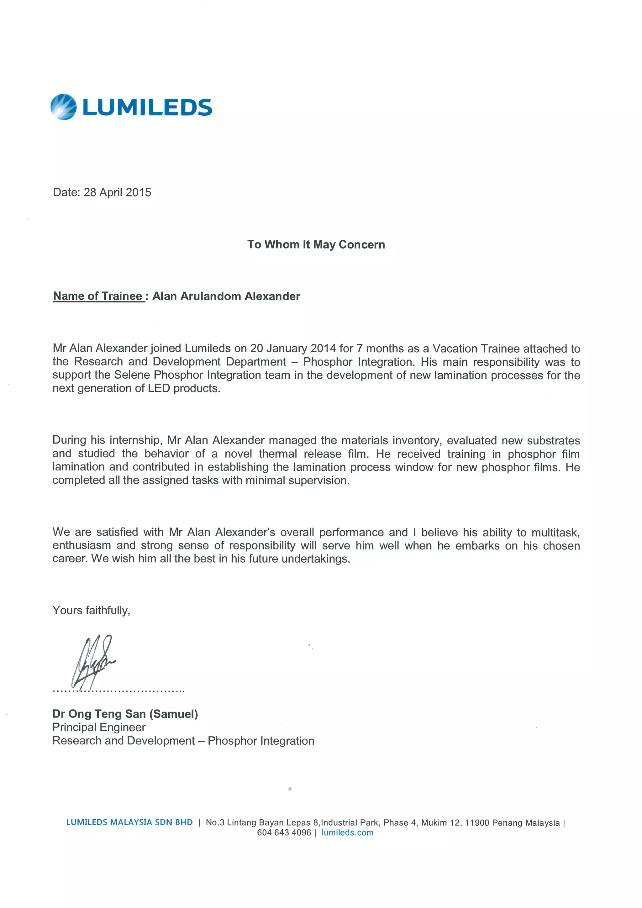 Recommendation Dr. Sam Letter - Principal Engineer | PDF