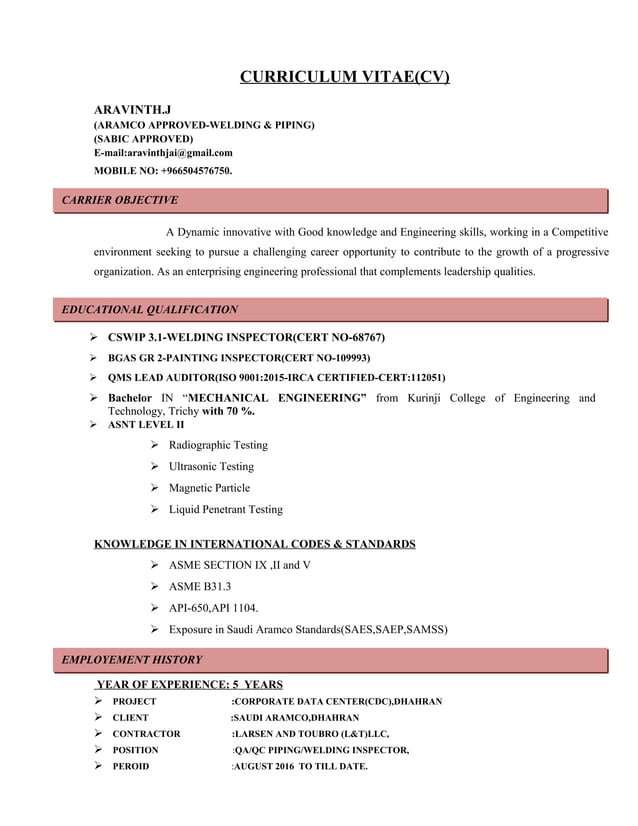 ARAVINTH(CV Aramco Approved) | DOC | Business | Business and Finance
