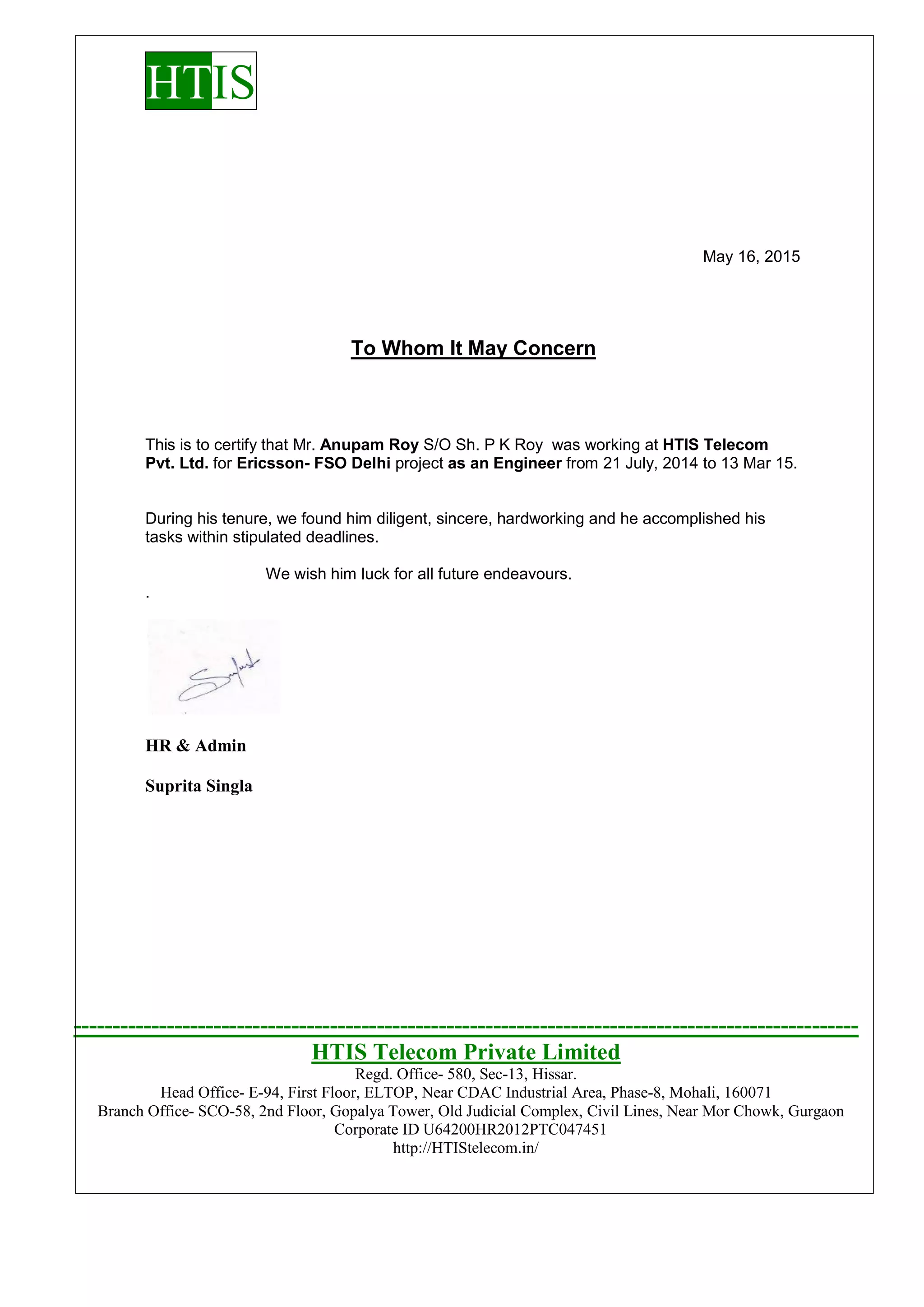 Anupam Roy_ Exp Letter | PDF