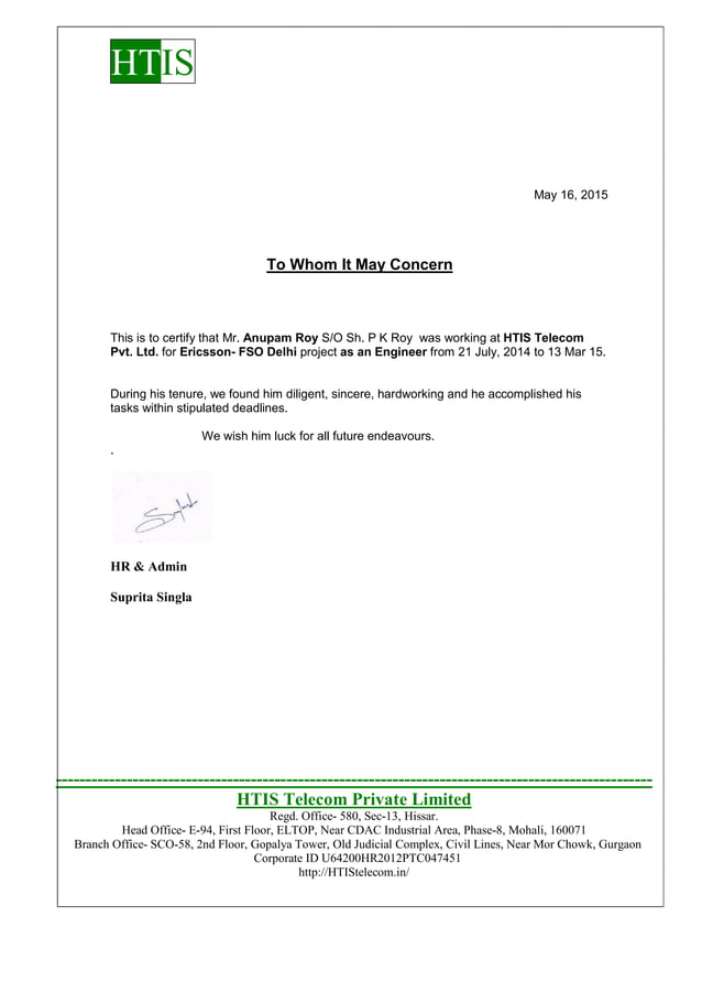 Anupam Roy_ Exp Letter | PDF