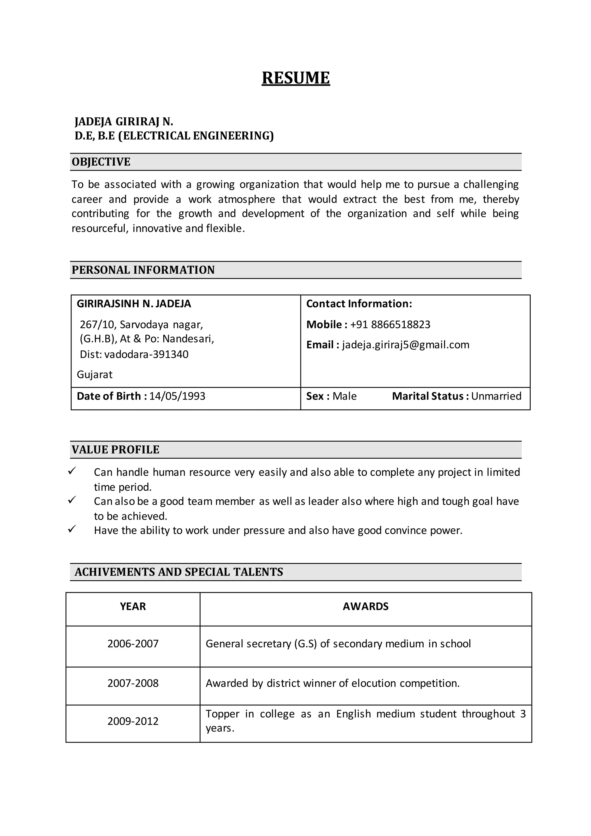 RESUME OF GIRIRAJ JADEJA b.e | DOCX
