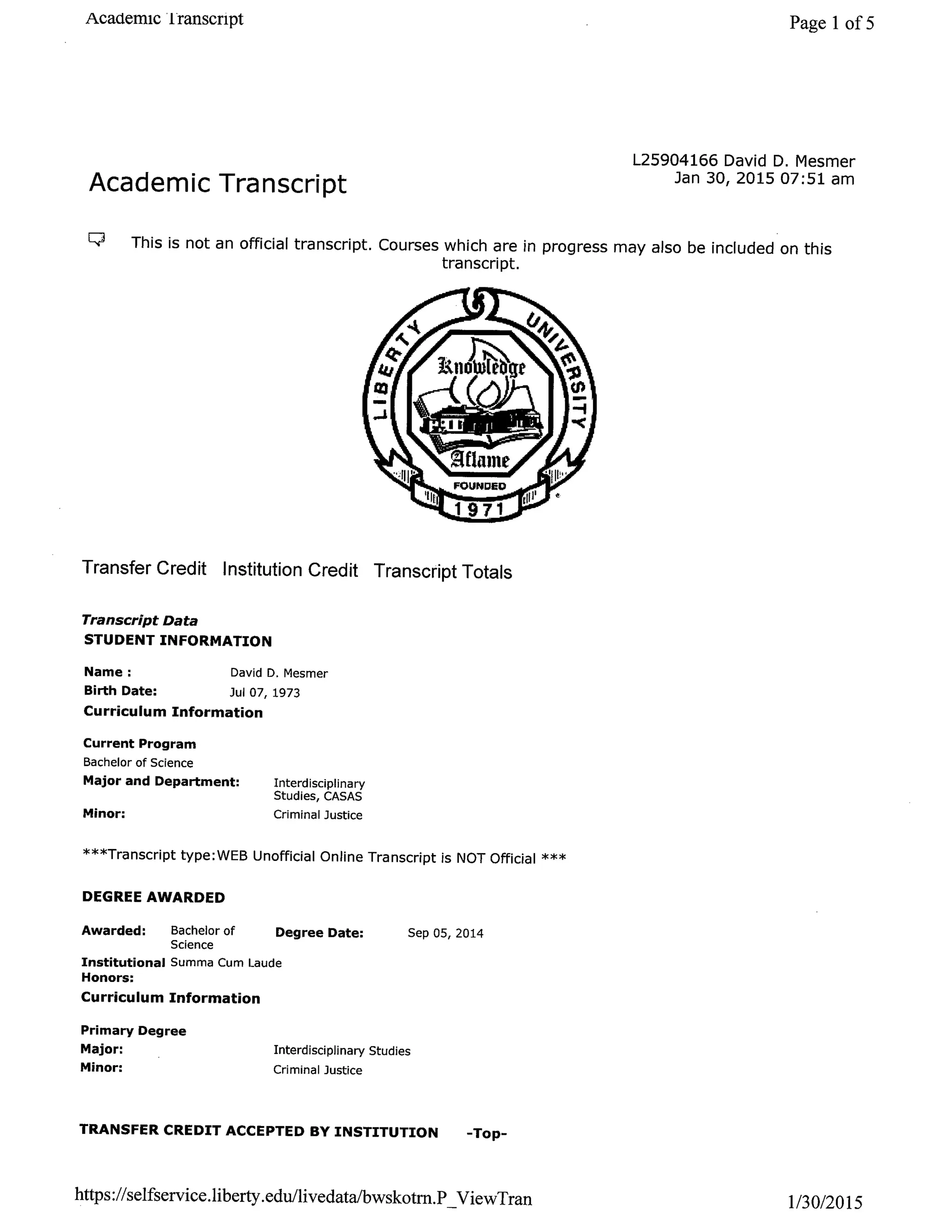 Mesmer -Liberty University Transcript | PDF