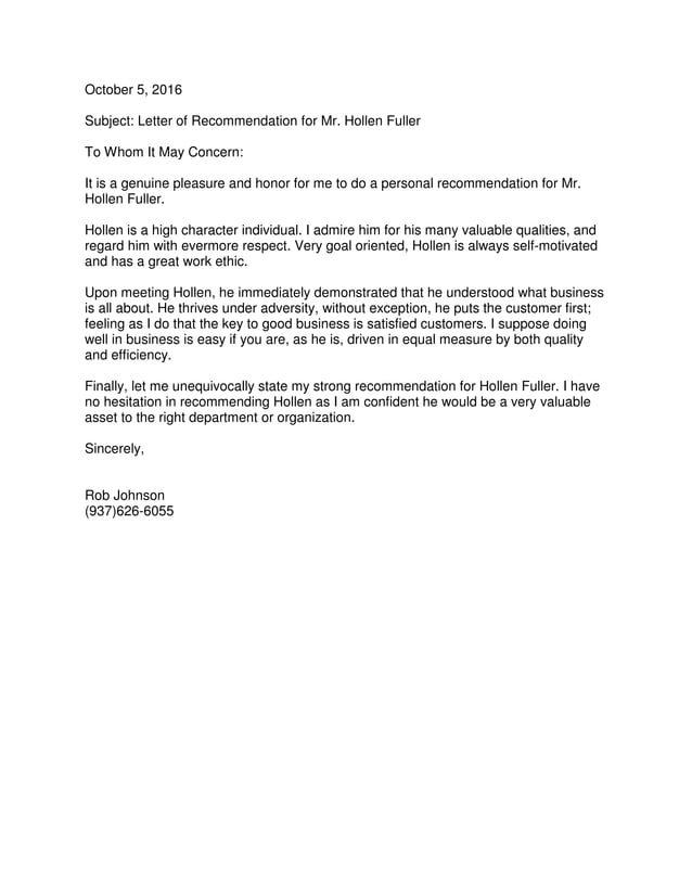 Personal Letter of Recommendation - Rob Johnson- DNOWr | PDF