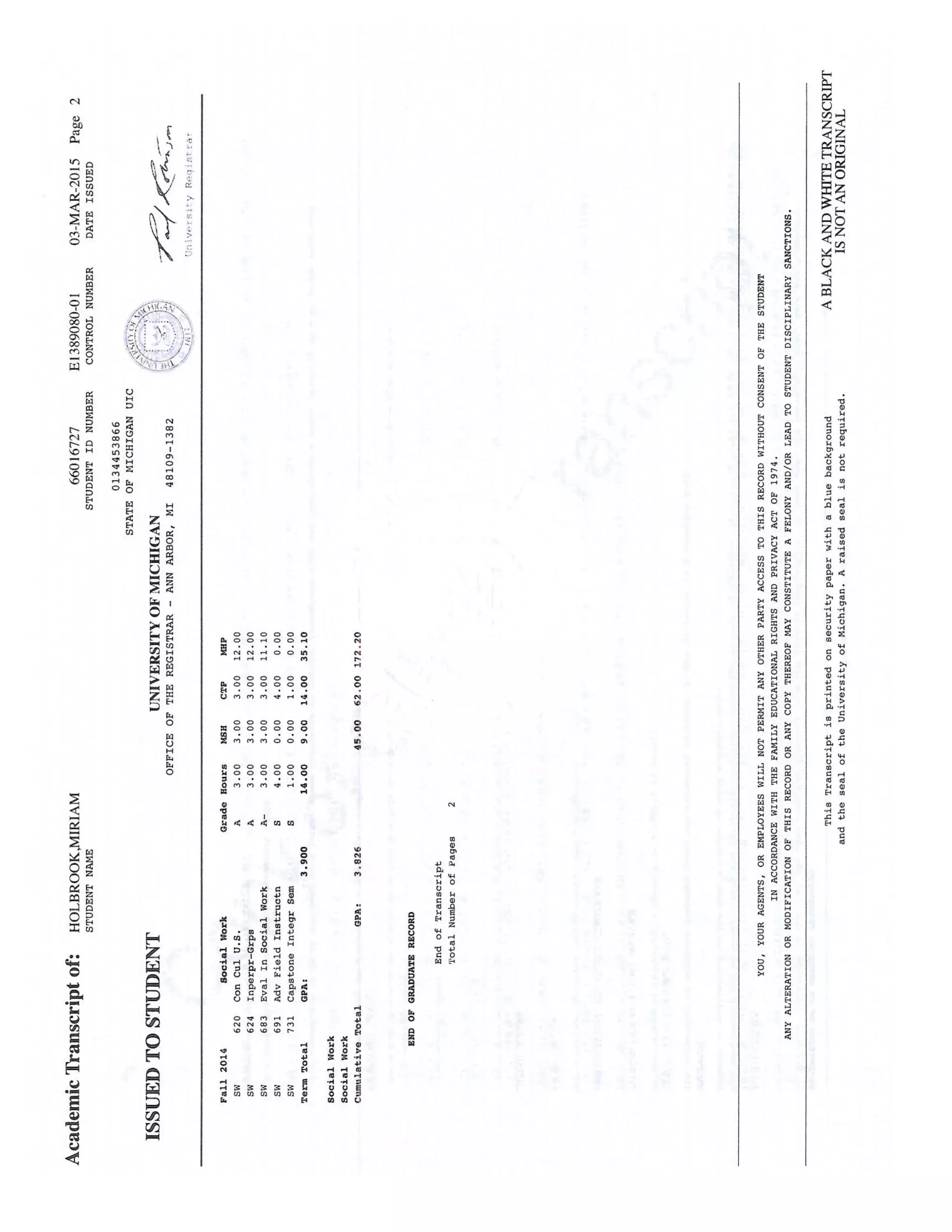 UofM MSW Transcript for Upload | PDF