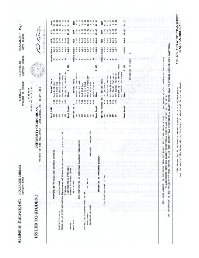 UofM MSW Transcript for Upload | PDF