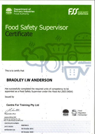 Food Safety Supervisor Brad Anderson | PDF