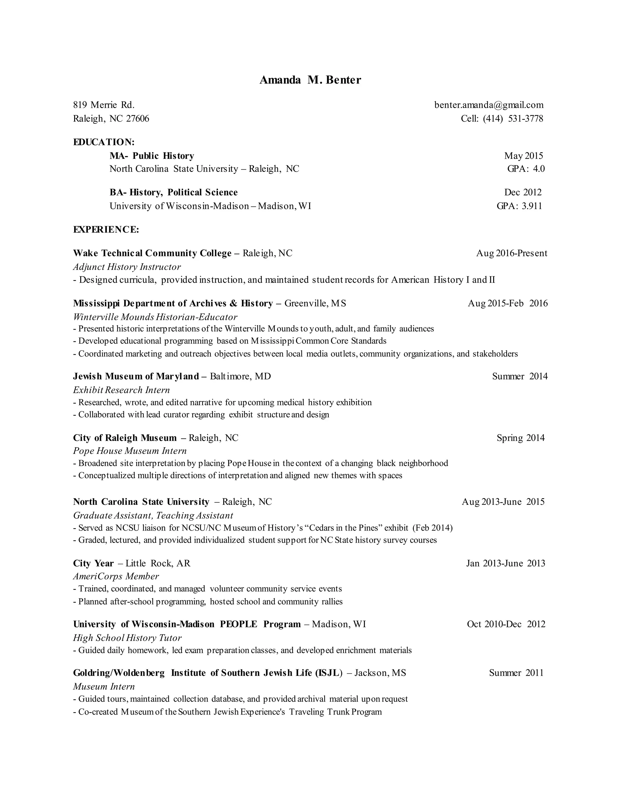 Benter_Amanda_Resume2 | DOCX | Museums & Galleries | Attractions