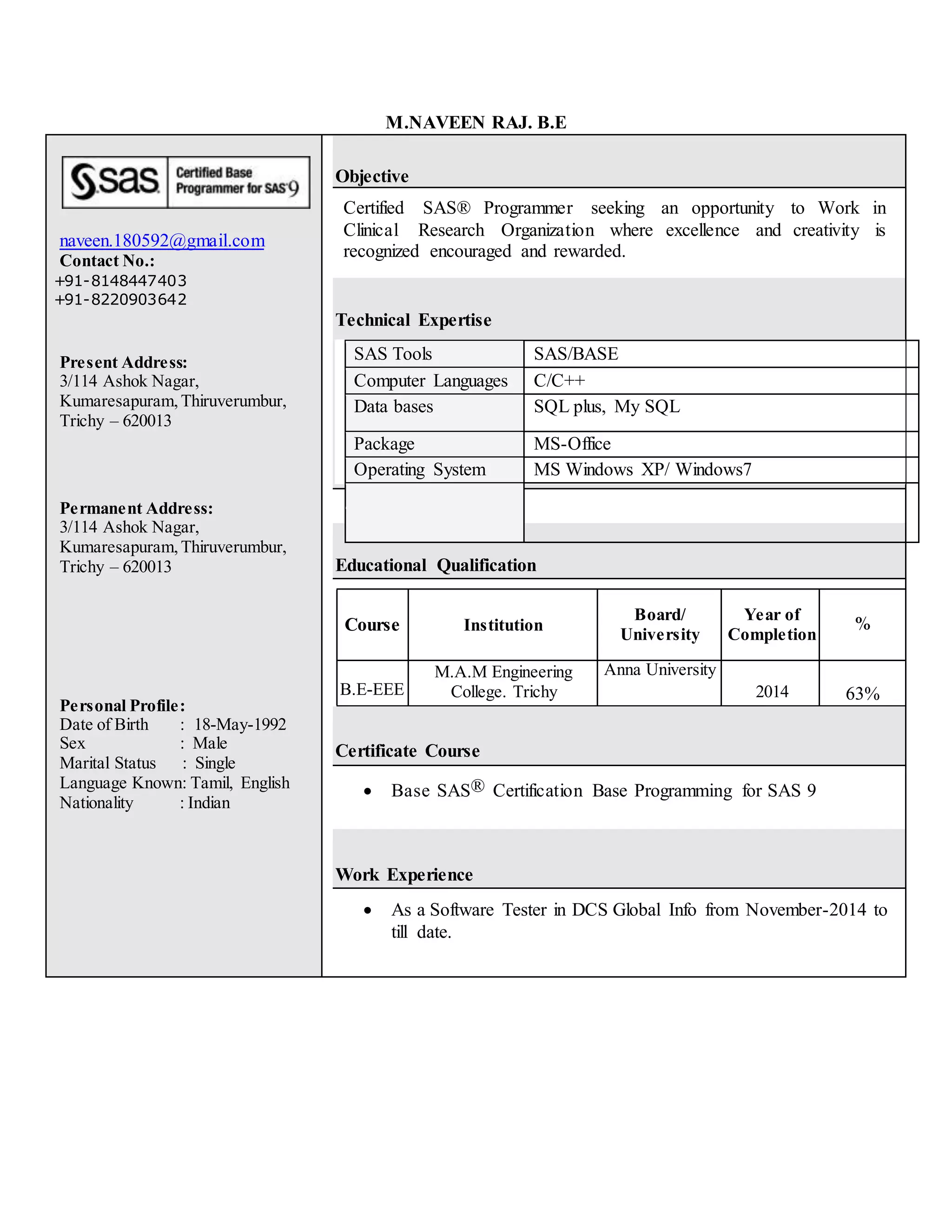 Naveen -SAS Base Certified Fresher_Resume | PDF
