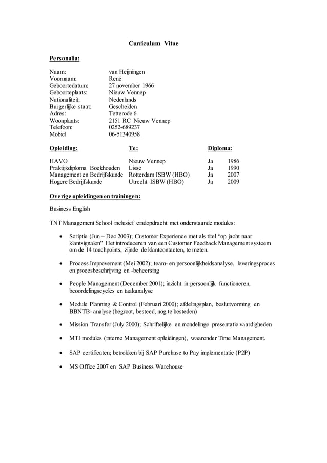 Curriculum Vitae Rene van HeijningenDec2014 | DOCX | Business Administration | Business
