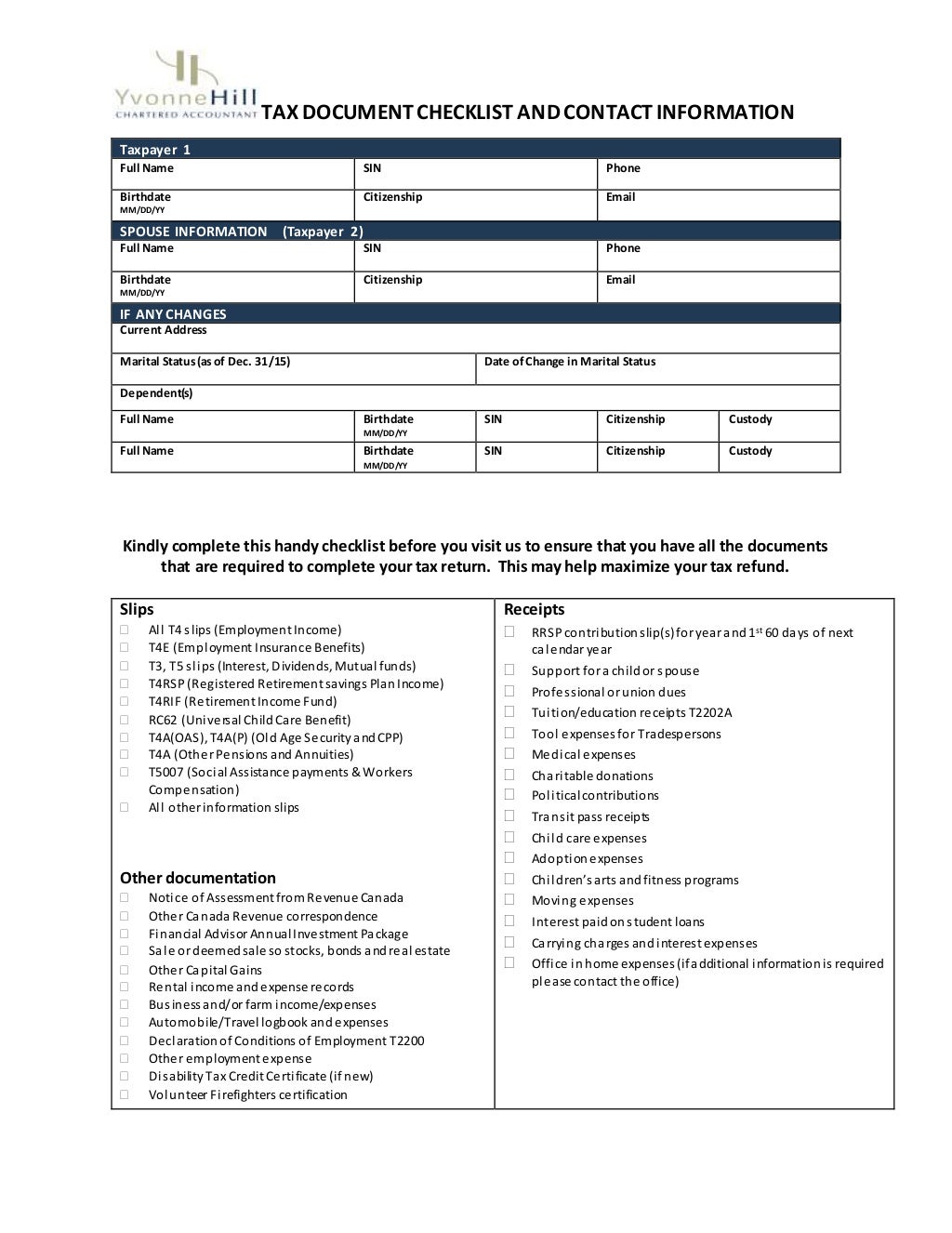 2015 Personal Tax Checklist Yvonne Hill Chartered Professional Accoun…