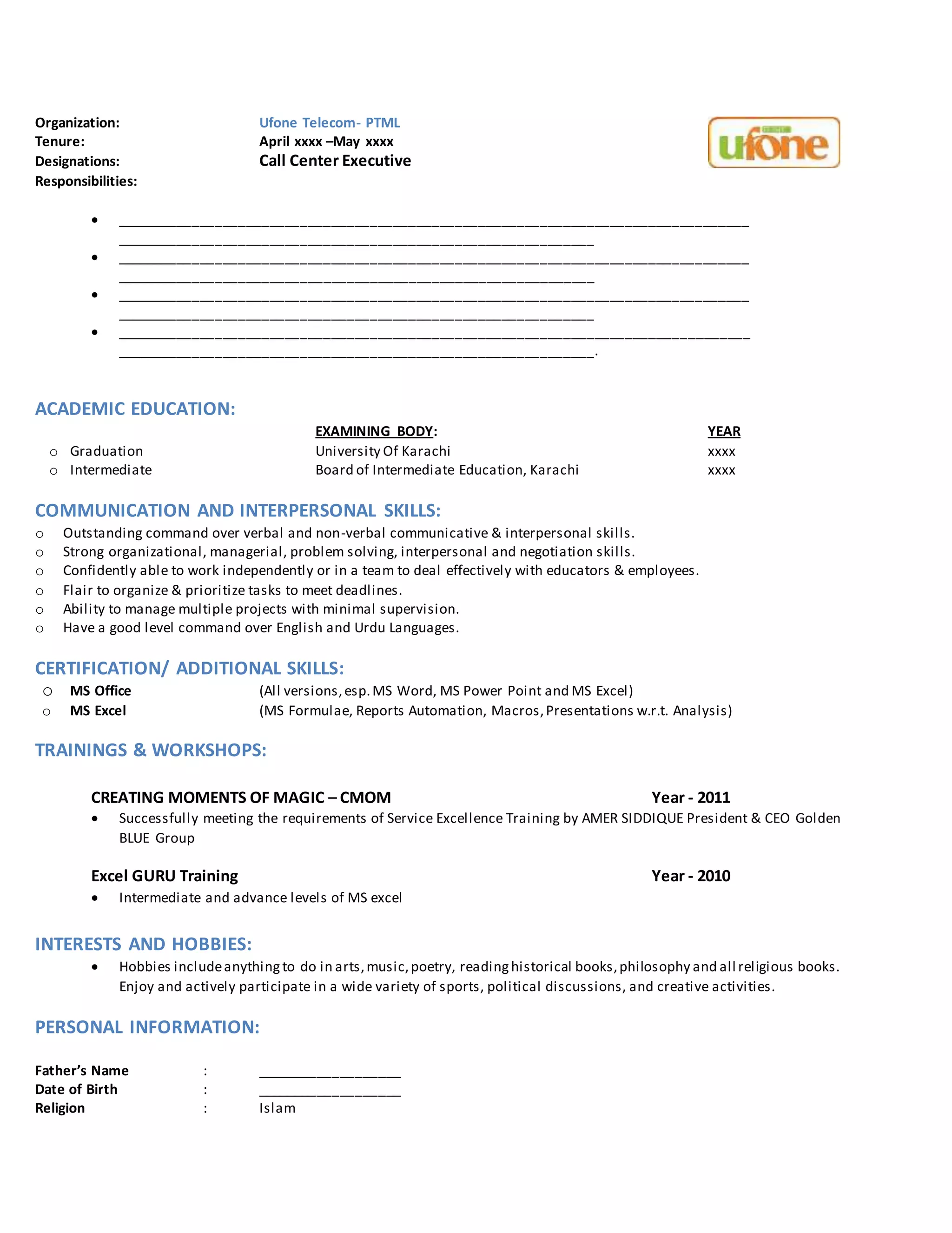 UAE Standard Professional Resume Format | DOCX