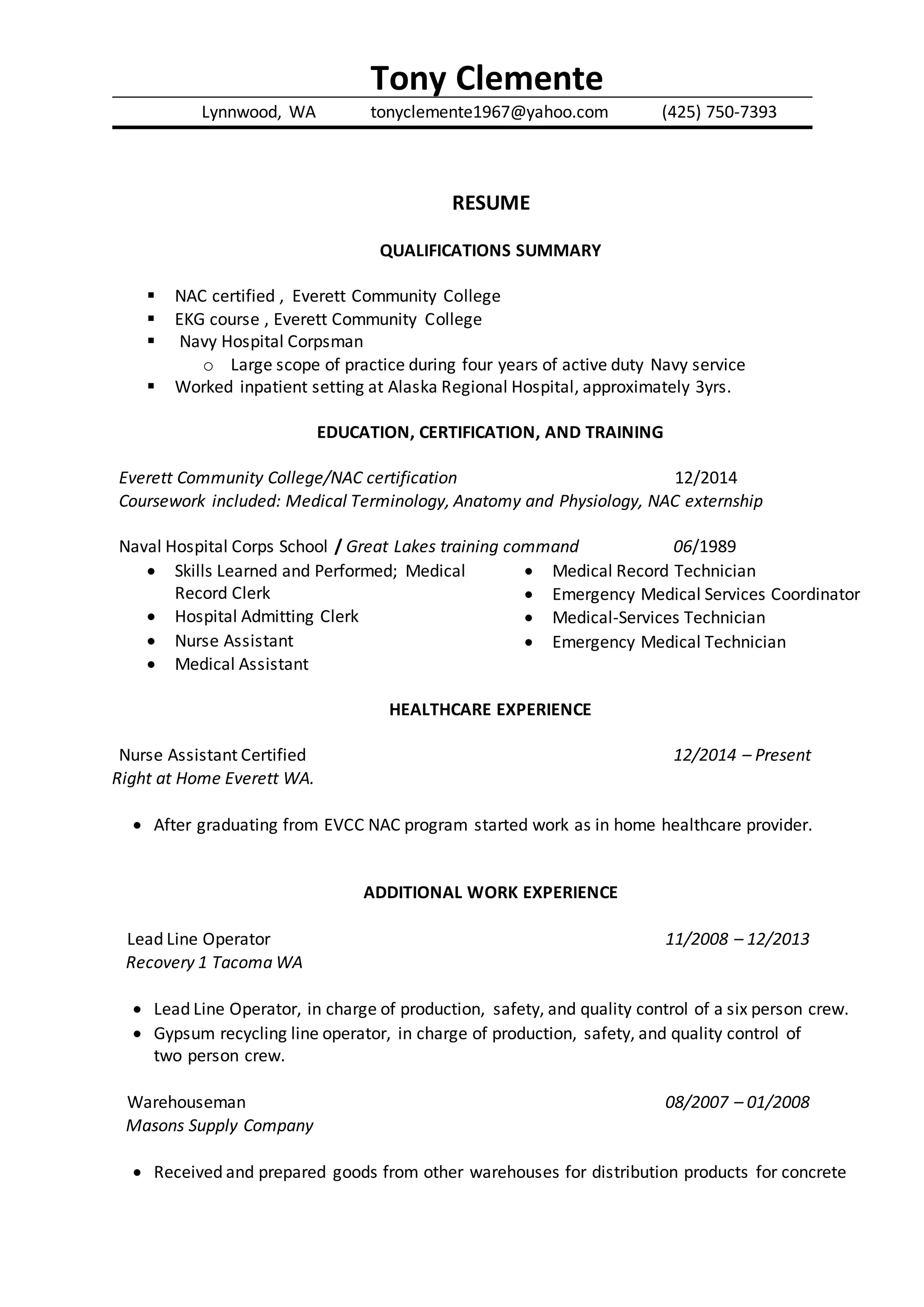 Tony Clemente - Resume 5-12-15 | DOCX | Medical Health