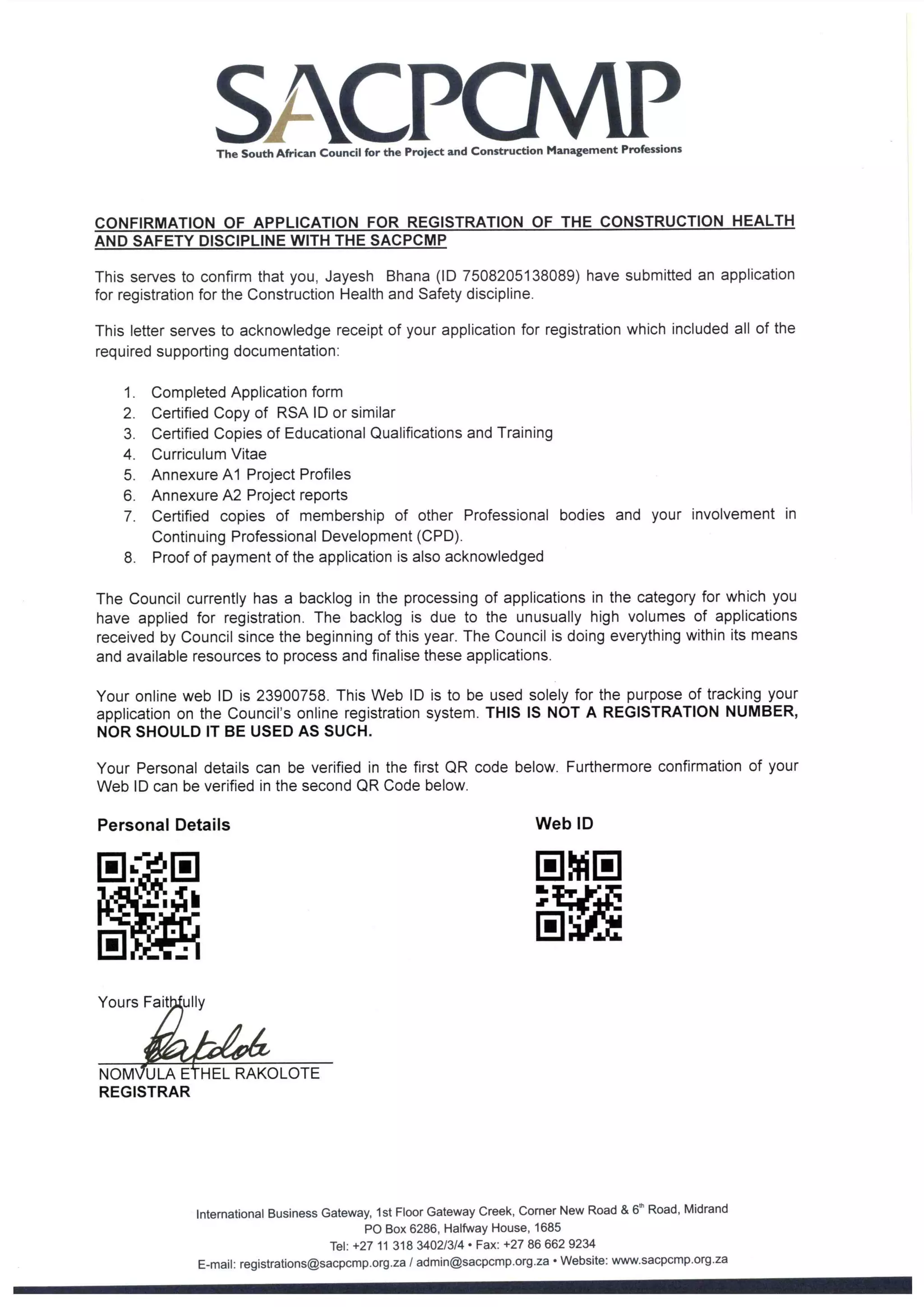 CONFIRMATION OF REGISTRATION SACPCMP | PDF