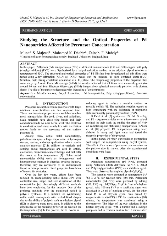 Studying the Structure and the Optical Properties of Pd Nanoparticles Affected by Precursor ...