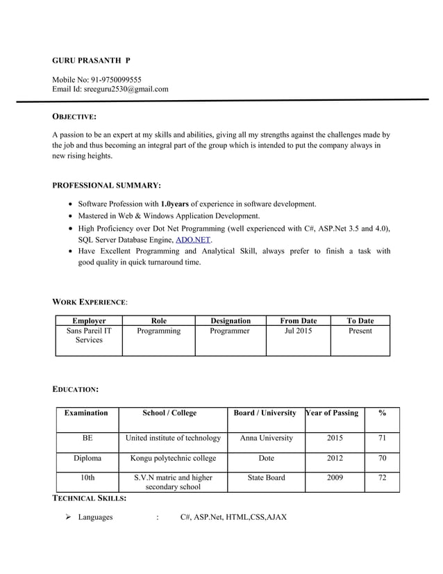 Guru..1year exp Resume | PDF