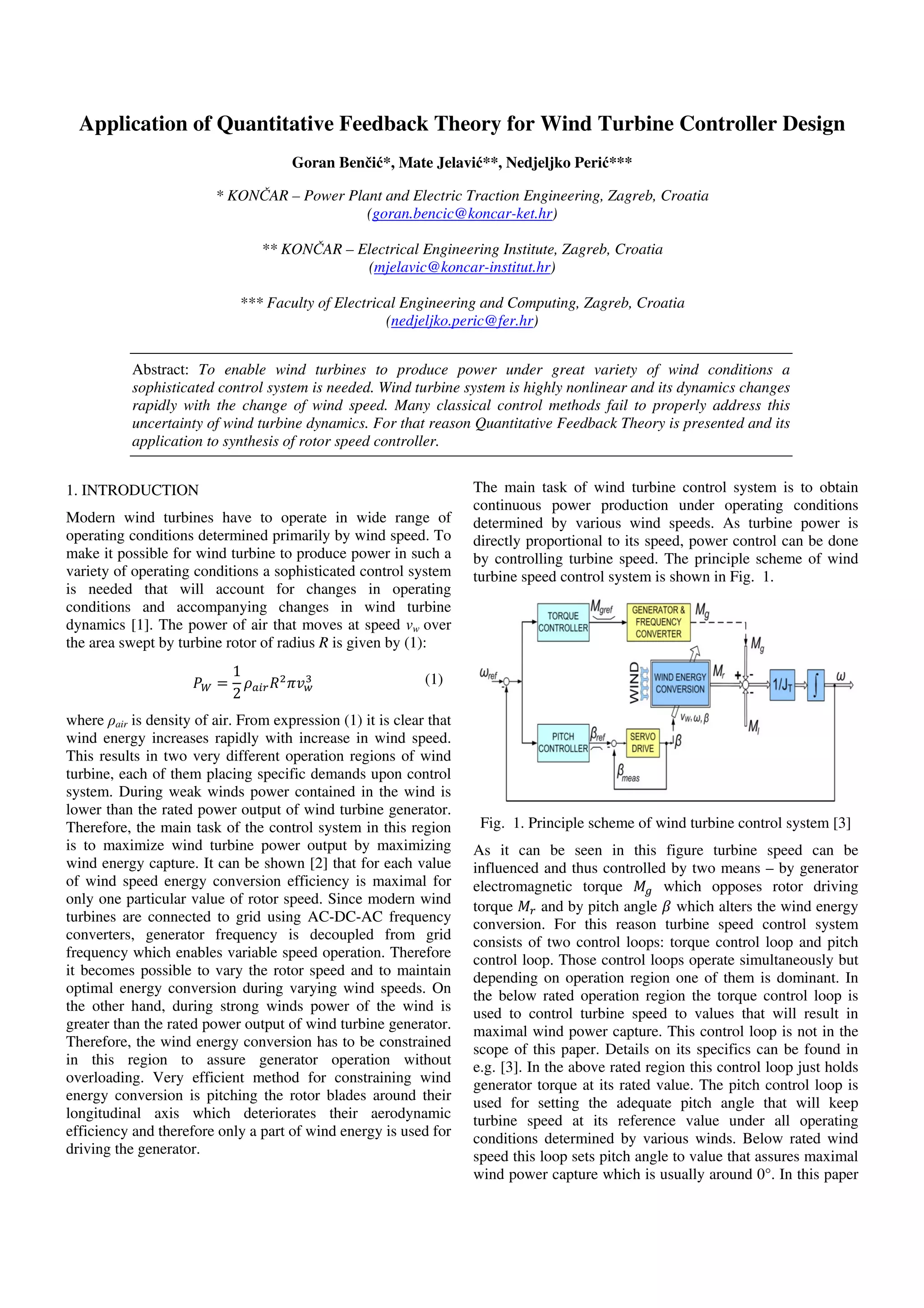 Application of Quantitative Feedback Theory for Wind Turbine Controller Design | PDF