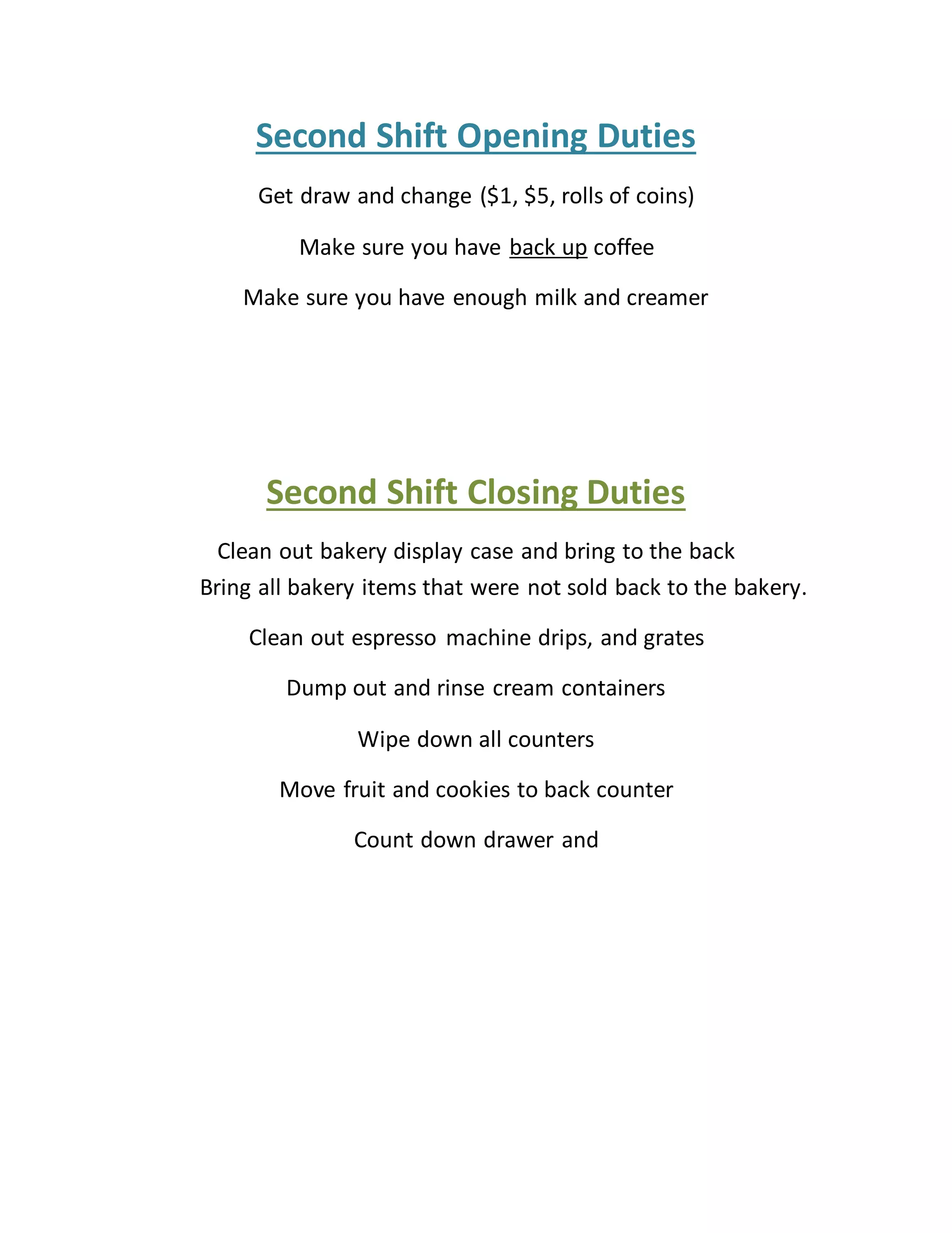 Opening & Closing Duties | DOCX