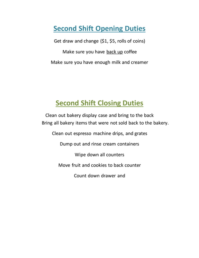 Opening & Closing Duties | DOCX