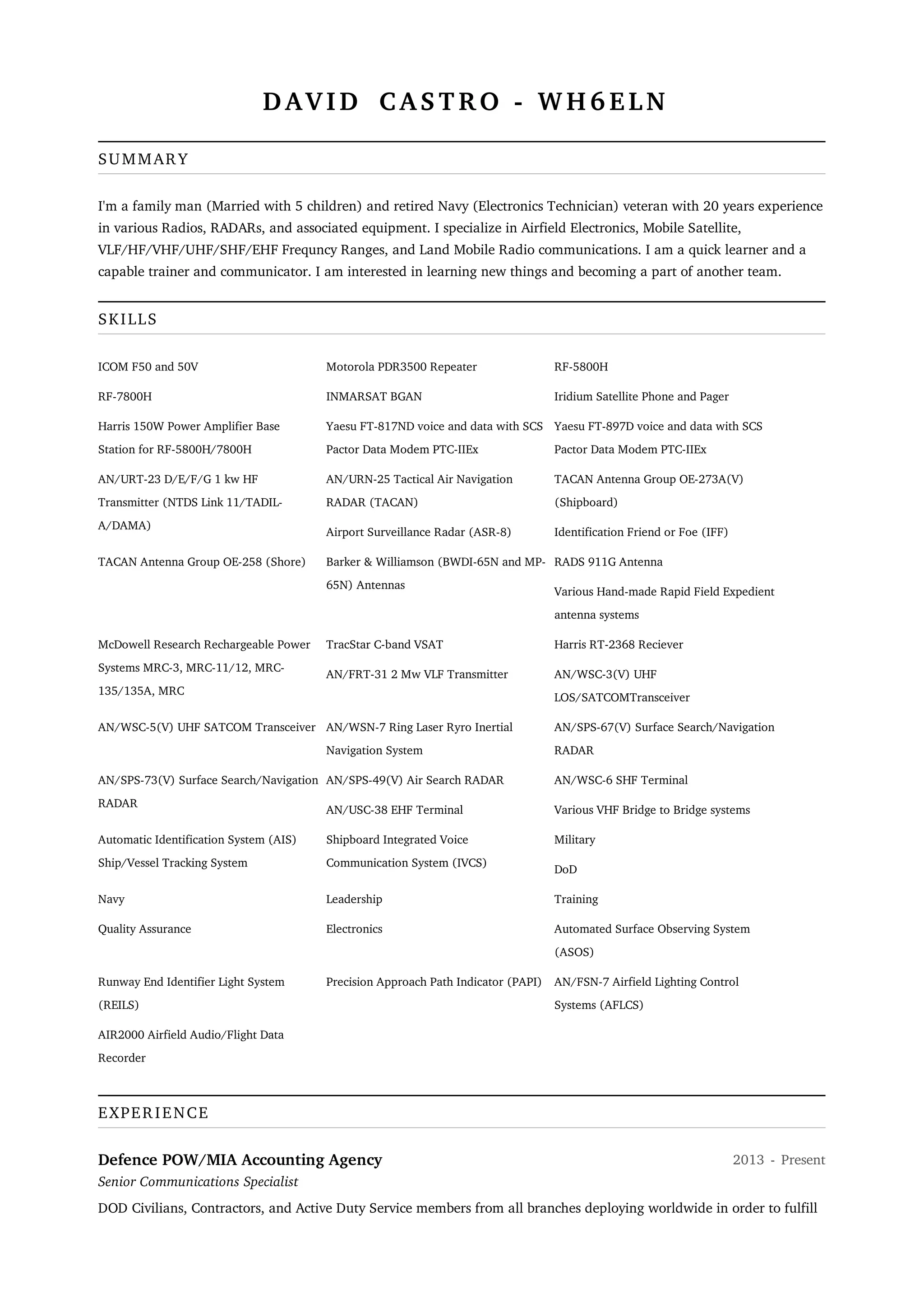 David Castro - WH6ELN Resume | PDF