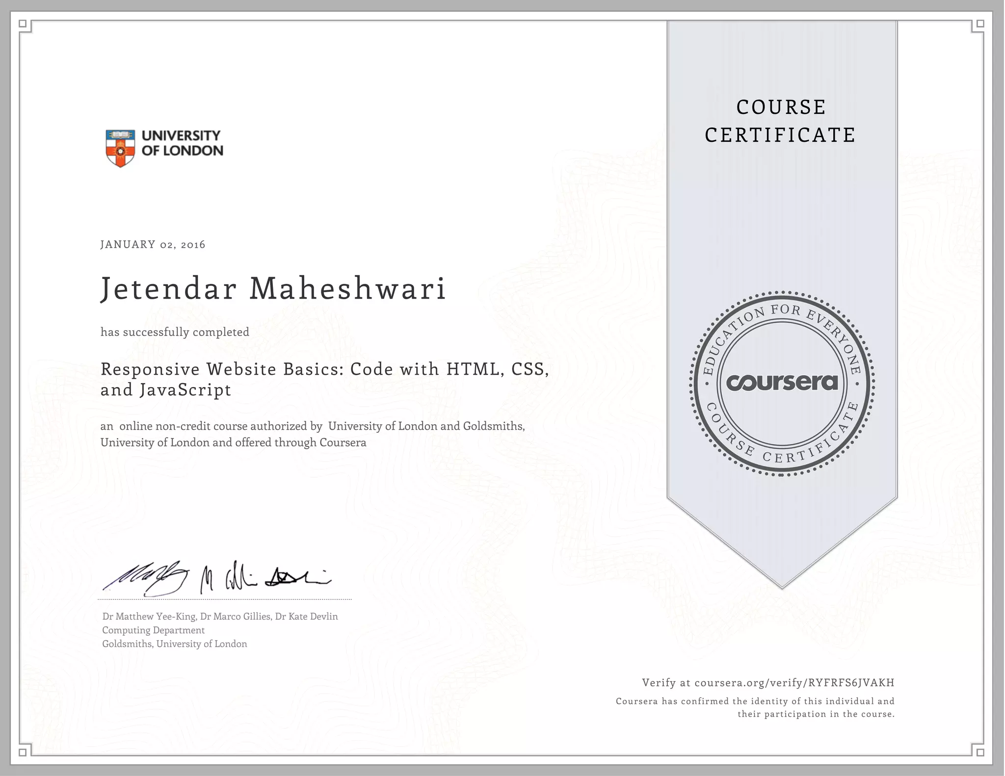 Coursera Certificate | PDF | Web Development | Internet
